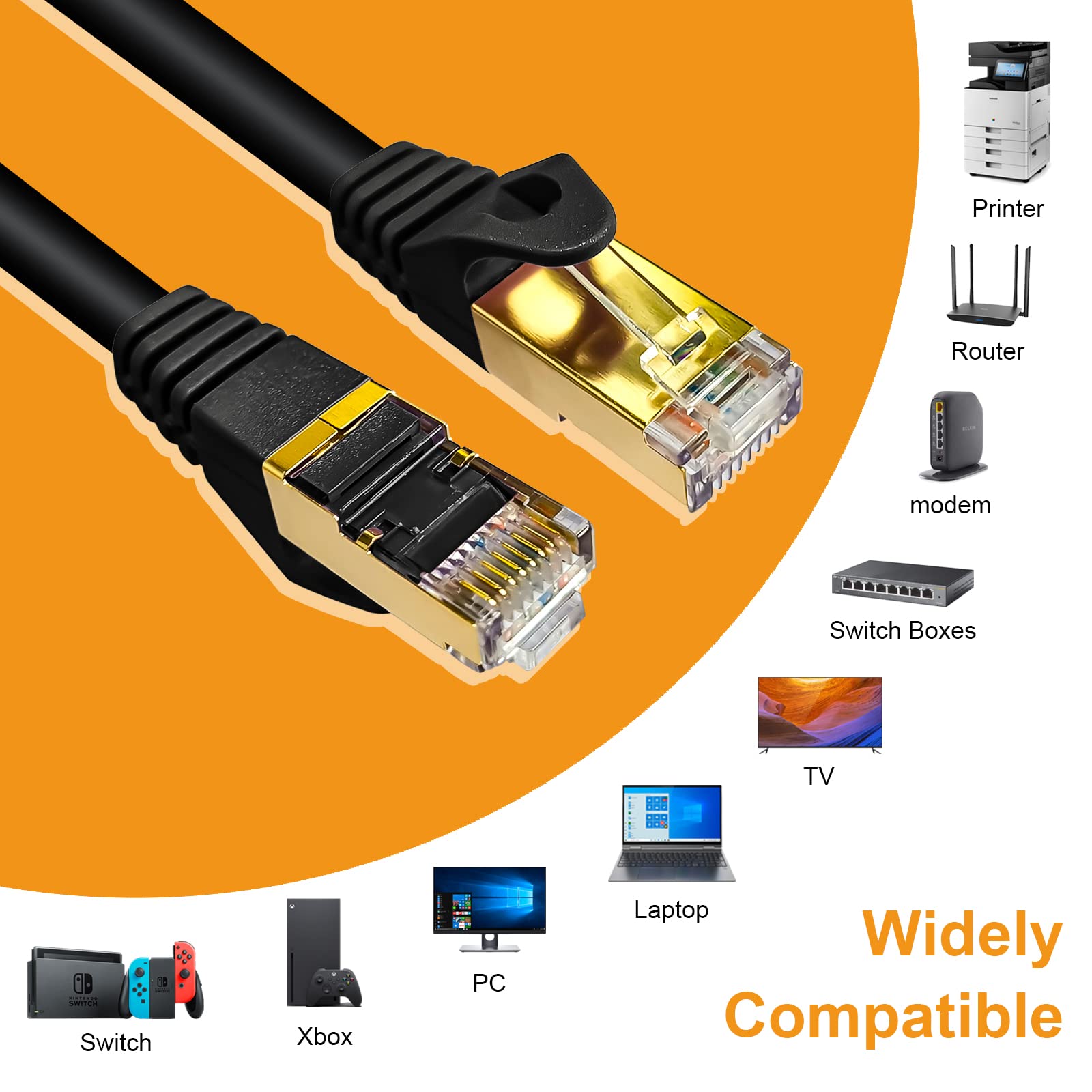 VEECOH Cat 8 Ethernet Cable 3FT/1M 5 Pack High Speed 40Gbps 2000Mhz Cat8 Internet Cable 26AWG SFTP Shielded Network LAN Patch Cord Cable with Gold Plated RJ45 for Router Gaming Modem,3 Feet BK/W/Y/G/P
