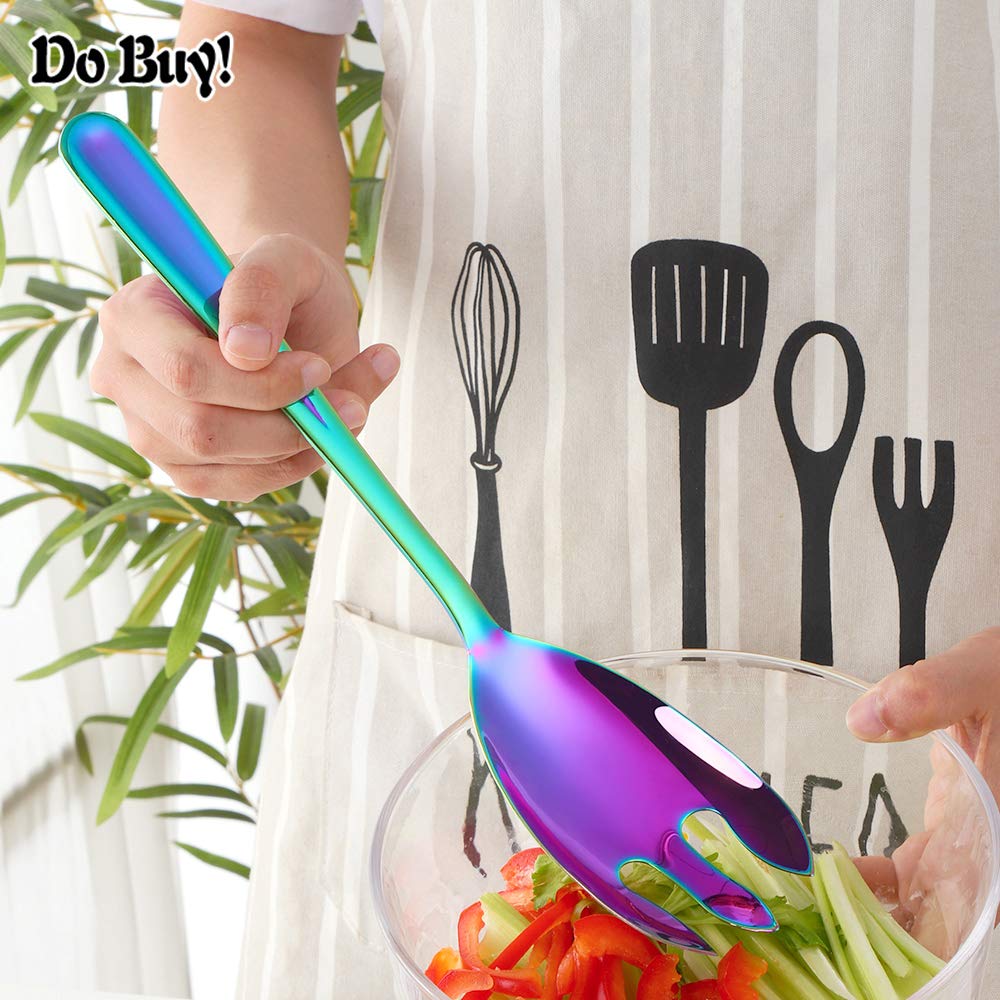 Salad Spoon and Fork Set,Stainless Steel Salad Serving Set,Durable&Elegant,for Salad, Gravies or Pasta, Gold/Brass Finish (2pcs, rainbow)