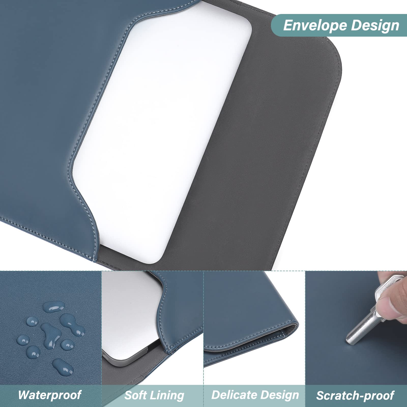 MOSISO Laptop Sleeve Compatible with MacBook Air 13 M3 A3113 M2 A2681 M1 A2337 A2179 A1932/Pro 13 M2 M1 A2338 A2251 A2289 A2159 A1989 A1706 A1708, Faux Suede Leather Case with Small Bag, Peacock Blue