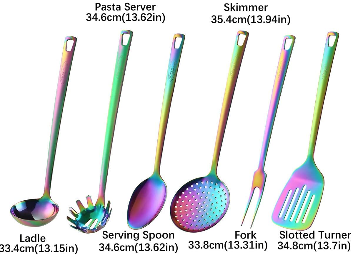 Marco AlmondĀ® Kitchen Utensil Set, Stainless Steel Cooking Utensils Sets with Titanium Plated, 7 PCS Kitchen Turner, Serving Spoon, Ladle, Skimmer Spoons, Fork, Pasta Server and Holder, Rainbow