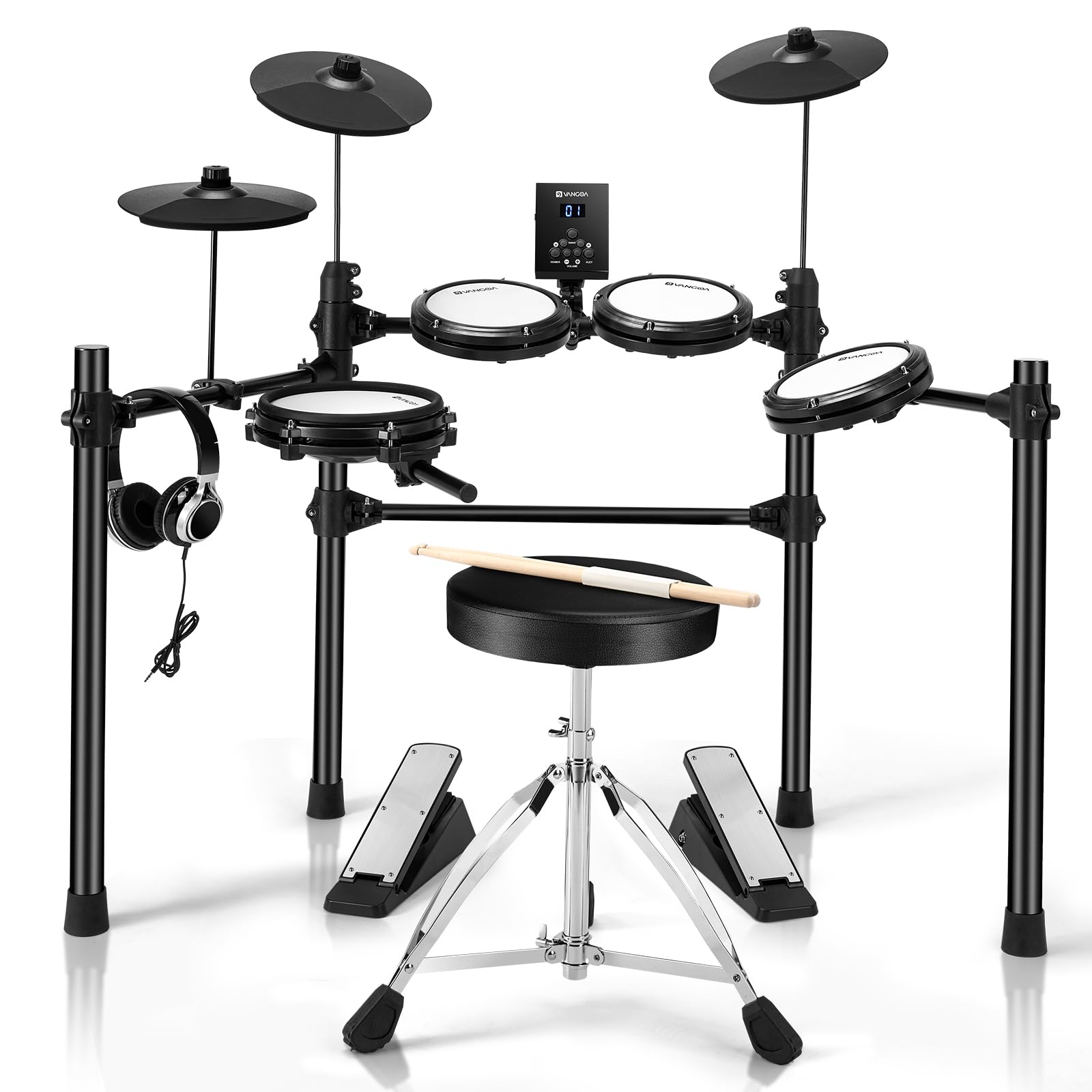 Vangoa Electronic Drum Set Junior Electric Drum Kit for Kids Beginner with 210 Sounds, Electric Quiet Mesh Drum Set with Heavy Duty Pedals, USB MIDI Connection and Drum Sticks, Black (New Upgraded)