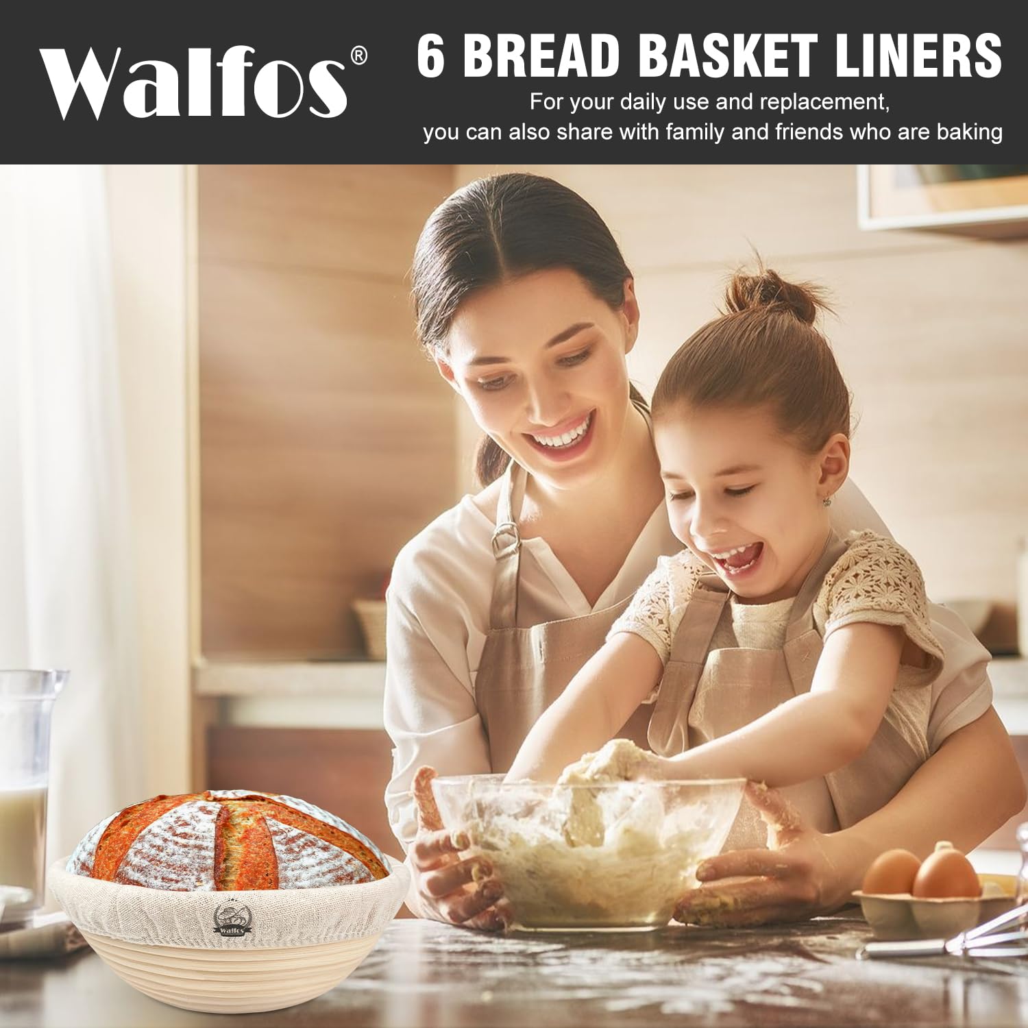 WALFOS 6 Packs Bread Basket Liner Cloth, 9 inch round bread proofing basket cloth liner, Baking Dough Basket Cover Natural Rattan Banneton Proofing Cloth