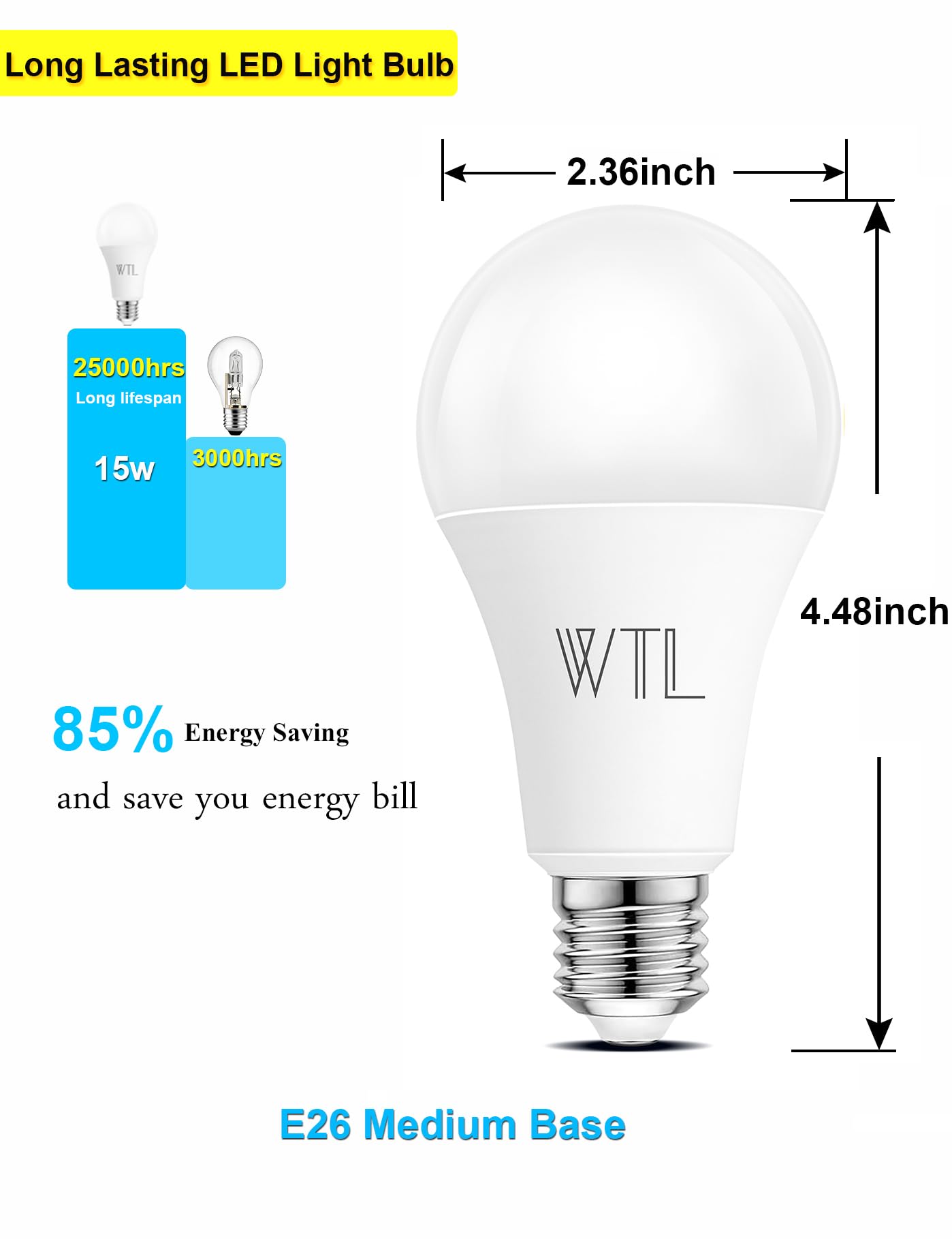 WTL A19 LED Light Bulbs 100 Watt Equivalent (Not Dimmable), 3500K Natural White, 1600 Lumens, E26 LED Bulbs 15W, Energy Saving Light Bulb for Living Room (4 Pack)