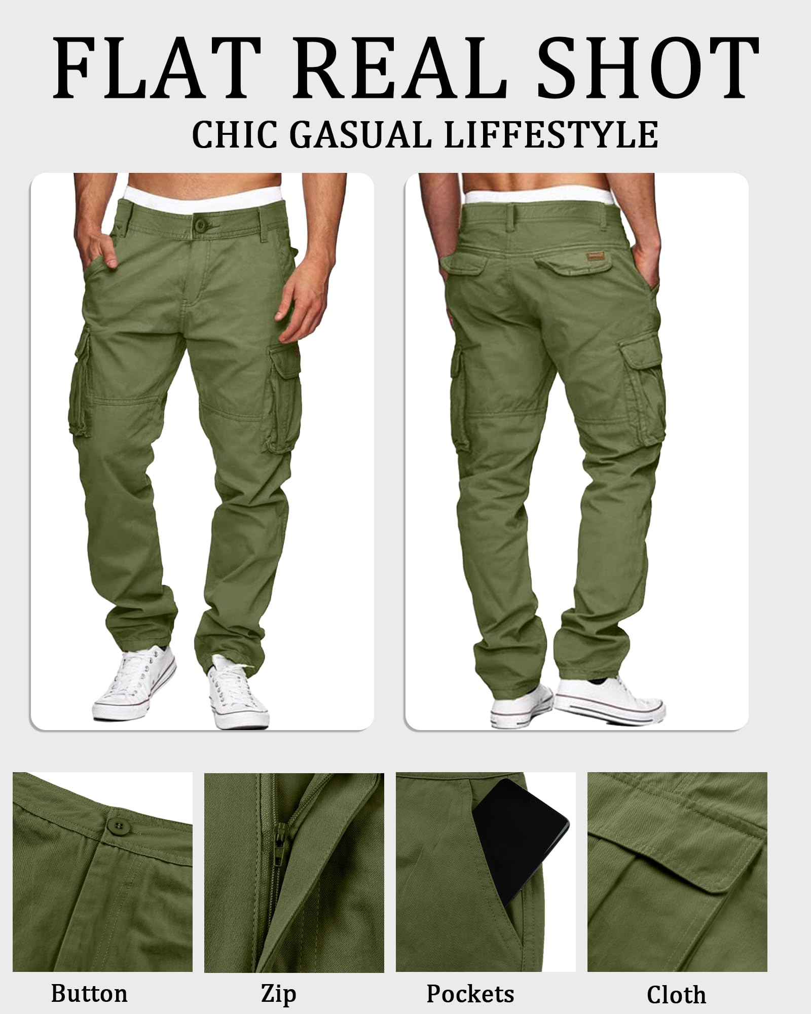 LVCBL Mens Cotton Cargo Pants Jogger Sweatpants Outdoor Trousers with Side Pockets,Army Green,XL