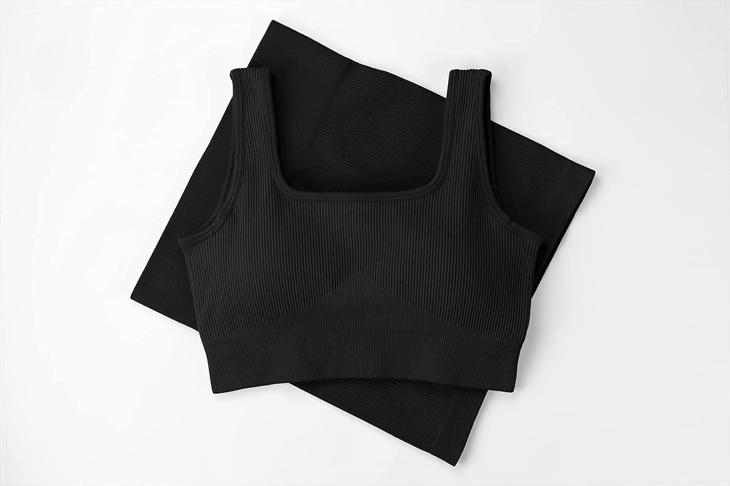 QINSEN Ribbed Booty Shorts for Women High Waist,Seamless Workout Bra 2 Piece Outfits Set Black M