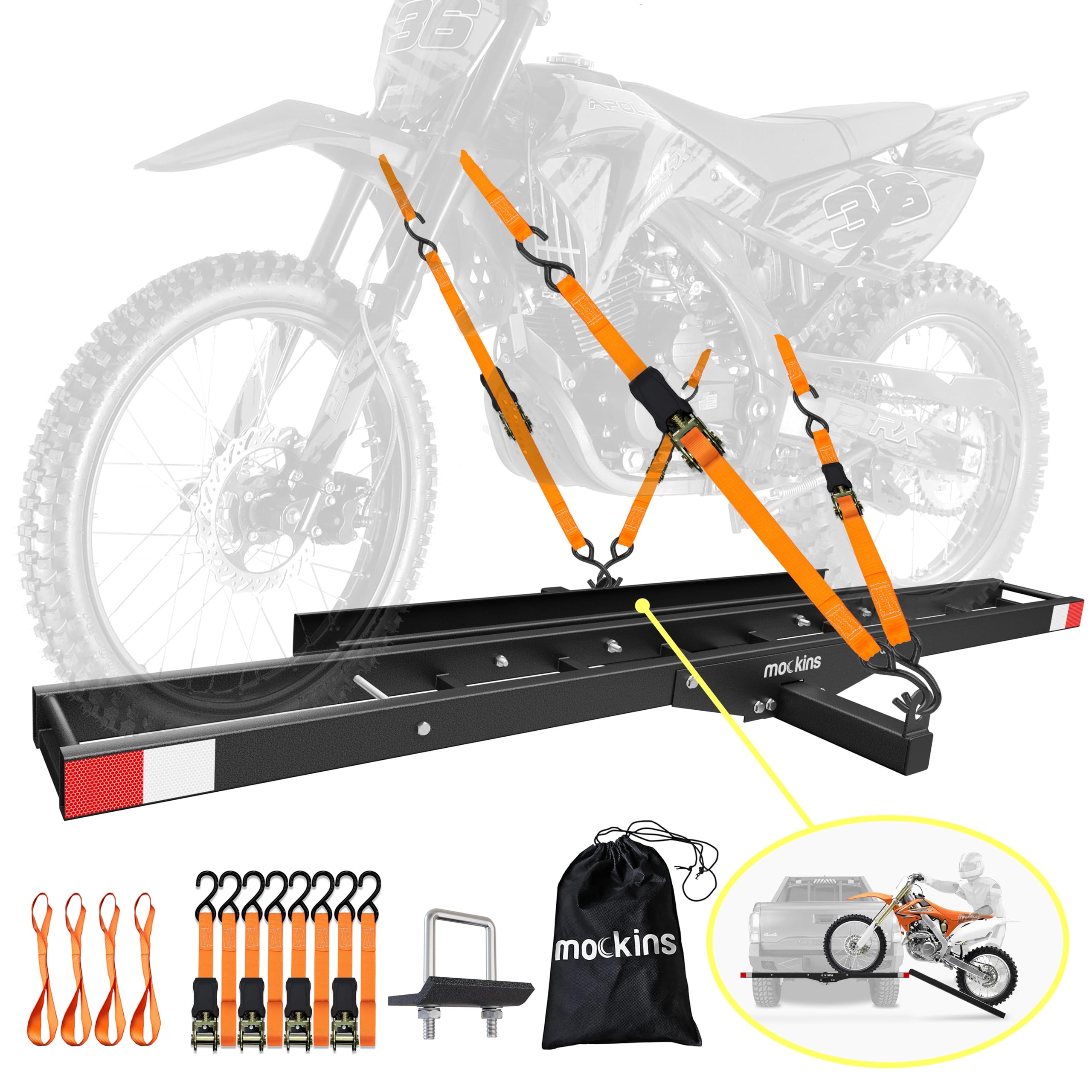 Mockins 500 lb Capacity Anti Tilt Motorcycle Hitch Carrier Set | 73" Dirt Bike Hitch Hauler | Heavy Duty Steel Motorcycle Rack for Hitch | Dirt Bike Hitch Carrier & Ramp, Straps, Stabilizer