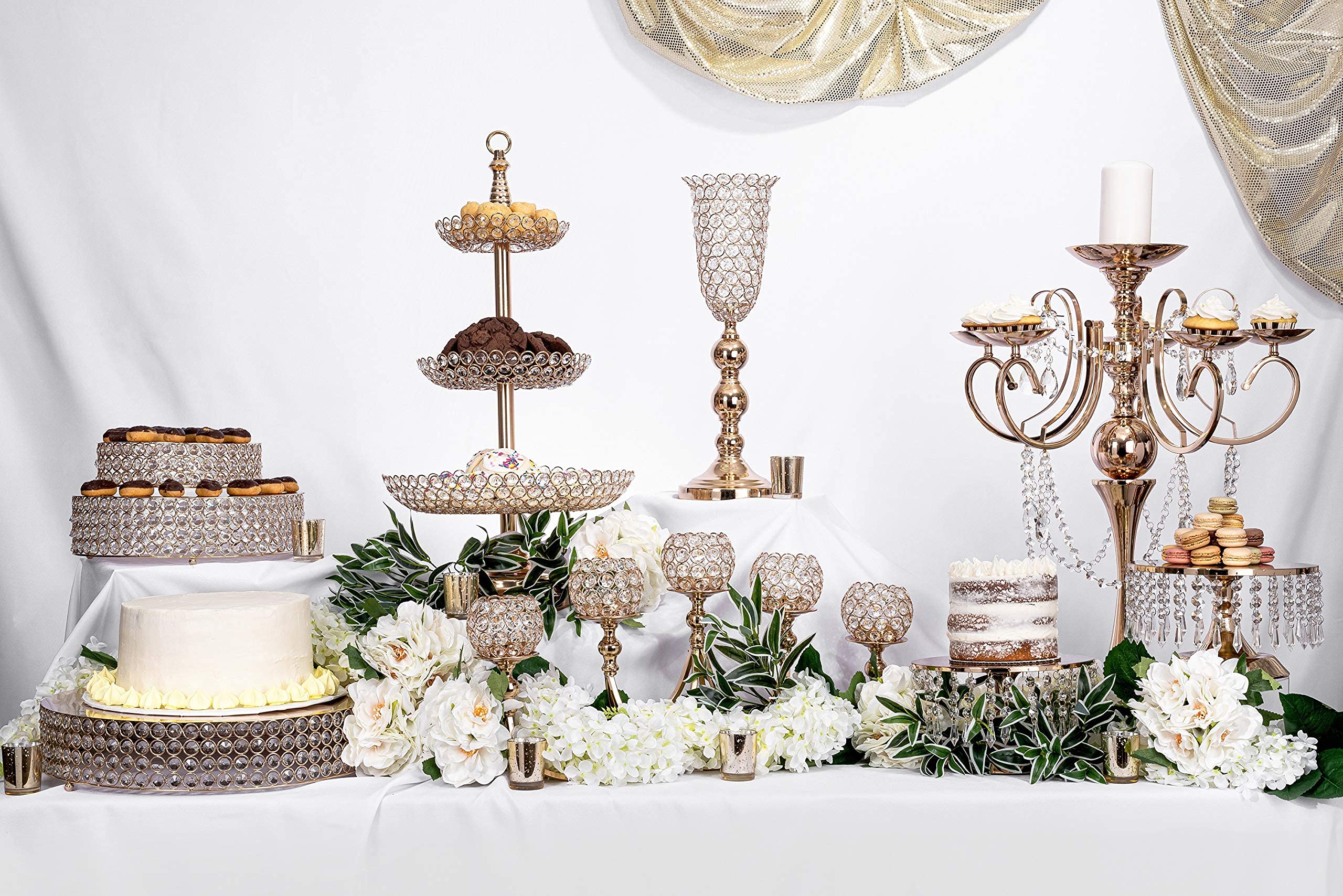 Simply Elegant - 18" Round Crystal Beaded Cake Stand, Large Cake, Dessert Cupcake Pastry Candy Display Plate for Wedding Event Birthday Party Celebration - Gold