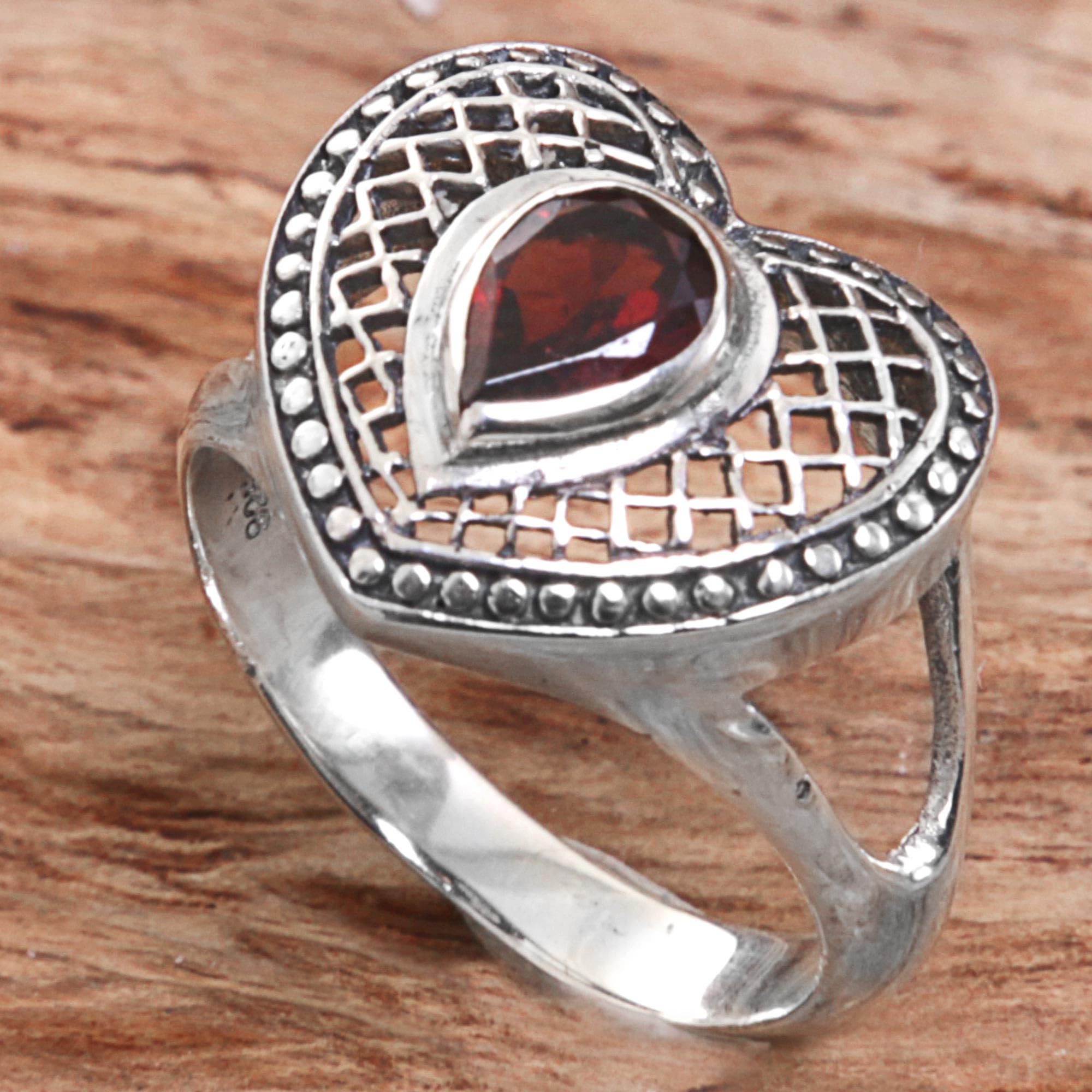 NOVICA Artisan Handmade Garnet Cocktail Ring .925 Sterling Silver Indonesia Aurora Birthstone 'Bali Heart in Red'