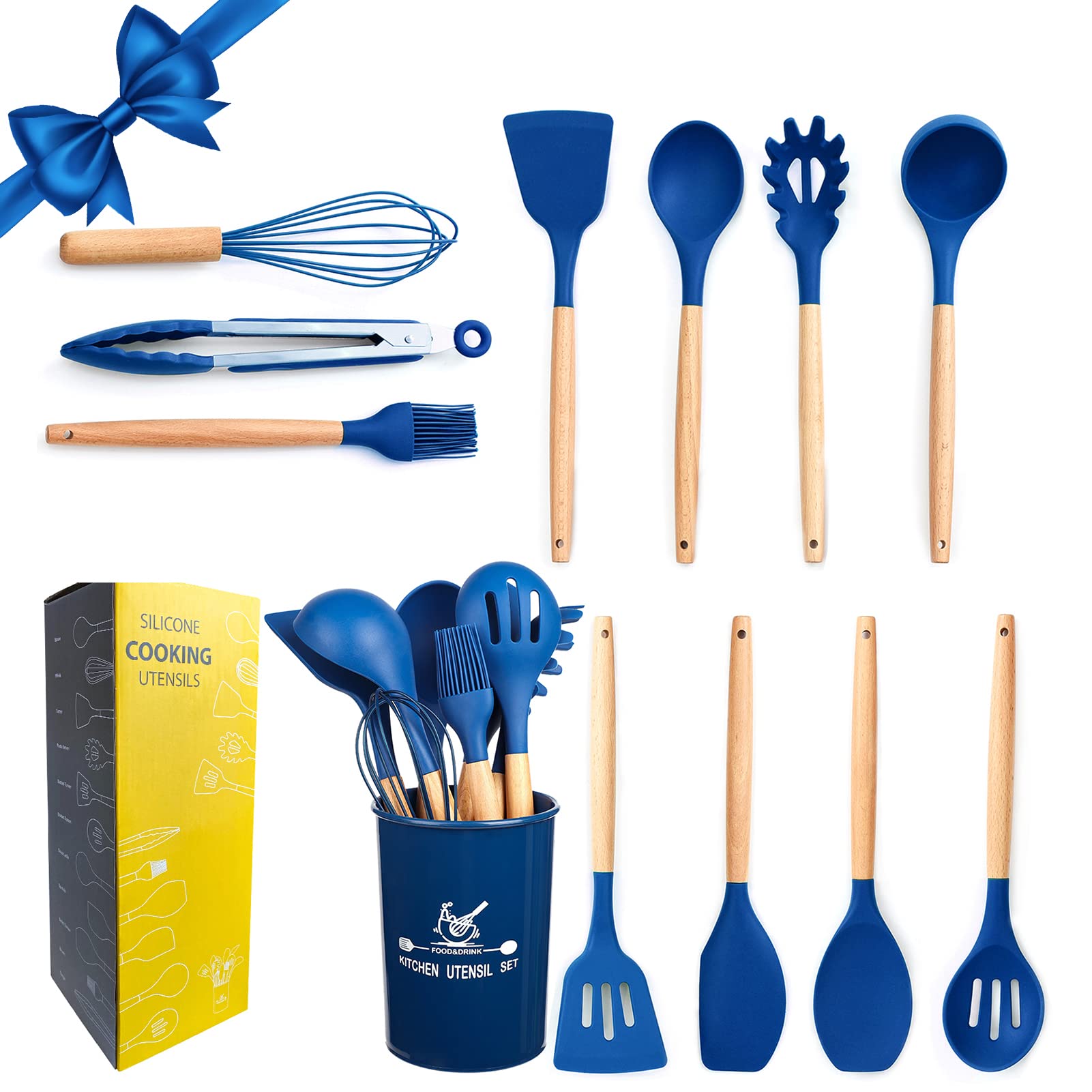 mossFlos Kitchen Cooking Utensils Set, 12 pcs Non-Stick Silicone Cooking Kitchen Utensils with Holder, Heat Resistant Kitchen Gadgets Utensil Set,Turner Tongs,Spatula,Spoon,Brush,Whisk.Dark Green