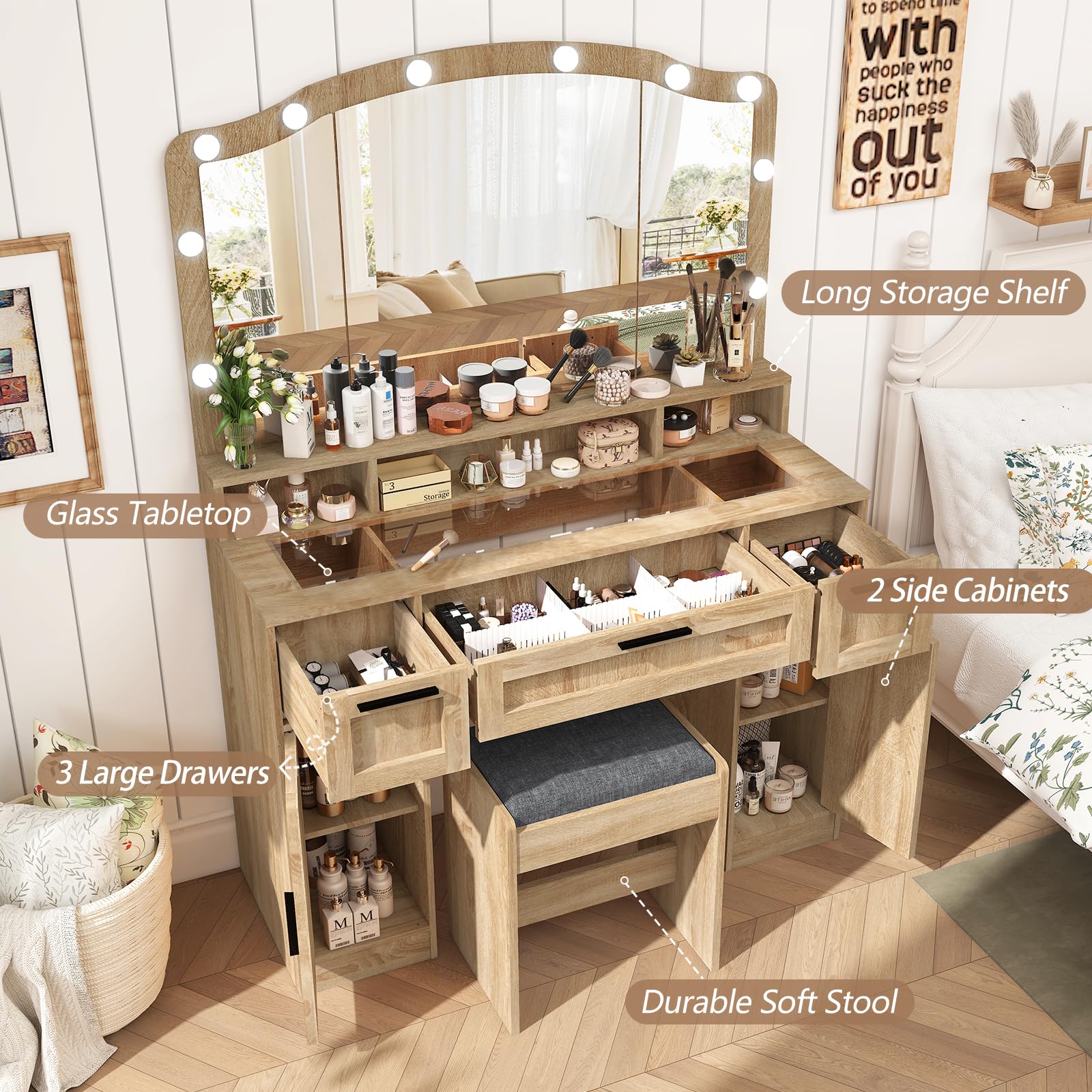 usikey Farmhouse Vanity Desk with Large Lighted Mirror and 10 Lights, 43.3" Glass Tabletop Makeup Vanity with 3 Drawers, Large Vanity Tabel Set with Long Storage Shelf, 2 Cabinets and Stool, Maple