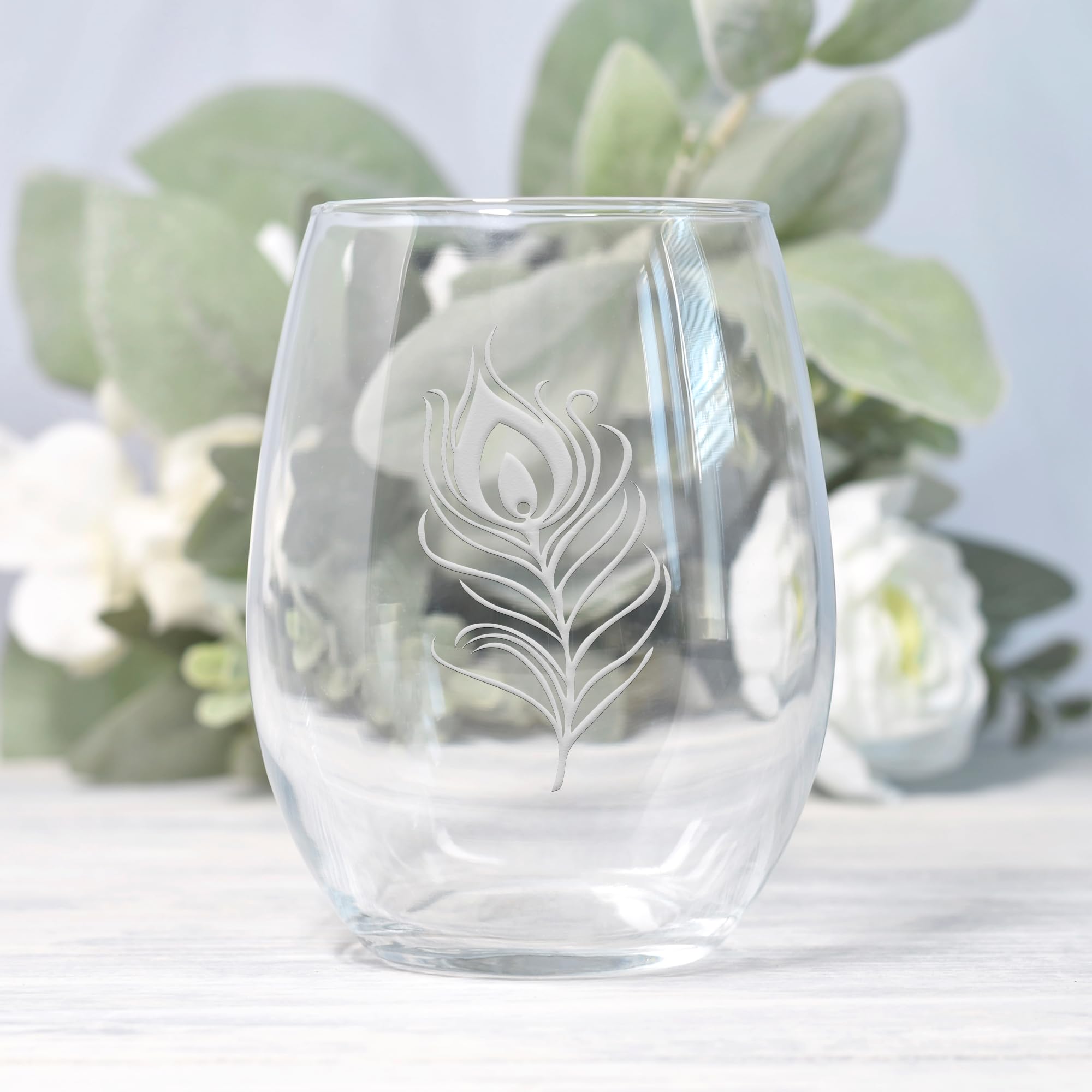 Peacock Feather Stemless Wine Glass - Peacock Gift, Feather Gift, Peacock Wine Glass, Feather Wine Glass