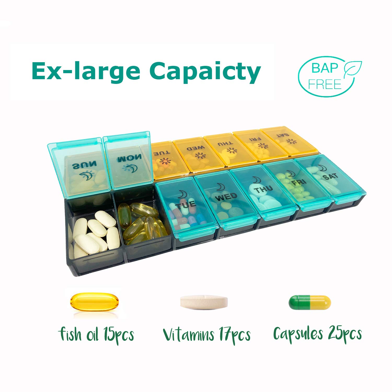 Mossime XL Large Daily Pill Organizer 2 Times a Day, Extra 7 Day Pill Box Am Pm, Weekly Day Night Vitamin Holder, Medicine Organizer, Big Pill Container, Medication Dispenser 14 Compartments