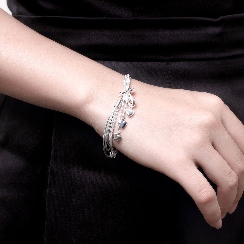 Lingduan Romantic 925 sterling Silver Multiple Hearts Link Chain Bracelet Plated Infinity Endless Love Symbol Charm Adjustable Bracelet for Woman