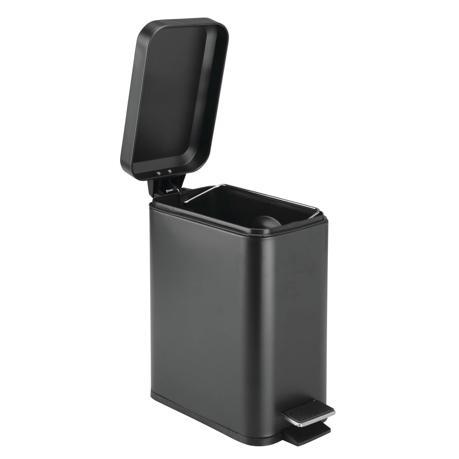 mDesign Slim Metal Rectangle 2.6 Gallon Trash Can with Step Pedal, Easy-Close Lid, Removable Liner - Narrow Wastebasket Garbage Container Bin for Bathroom, Bedroom, Kitchen, Office - Black