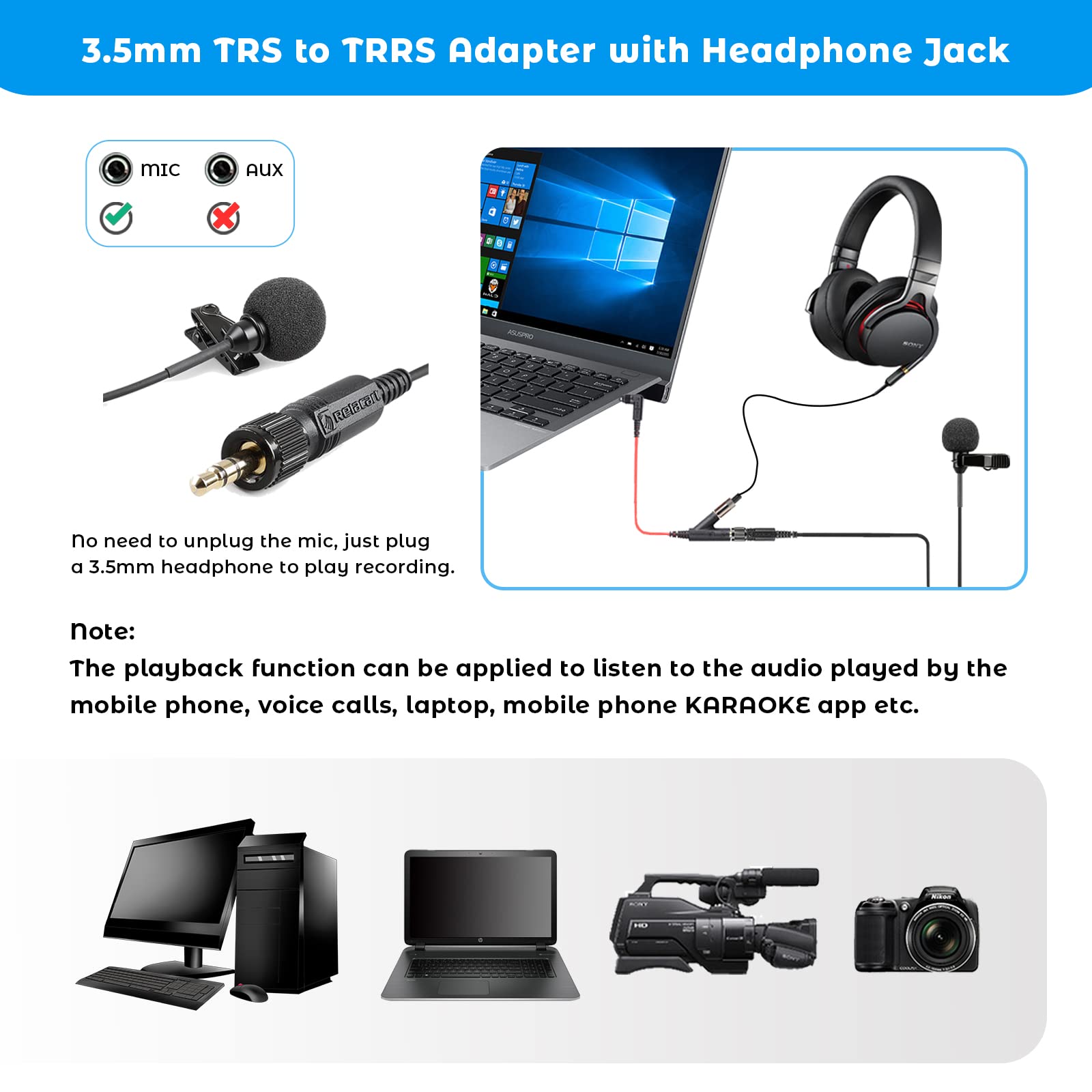 RELACART 3.5 mm TRS/TRRS 4 Feet Mini Lavalier Lapel Microphone, Professional Omnidirectional Easy Clip-on Condenser Recording Mic, Compatible with DSLR, Camera, Camcorder, Smartphone, LM-P01