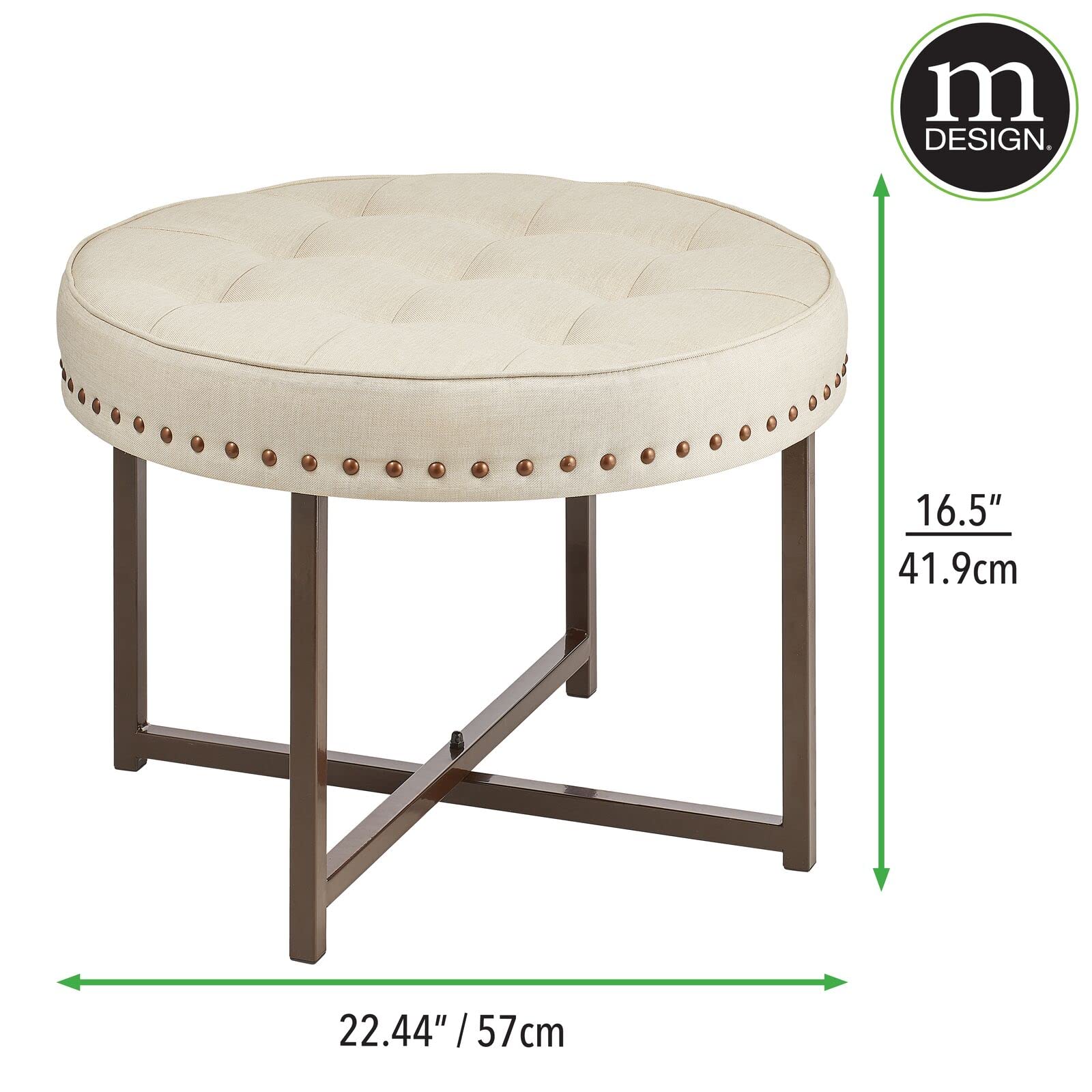 mDesign Small Household Round Padded Stool with Studs - Sleek, Modern Design - for use in Closet, Bedroom, Bathroom, Entryway, Home Office - Cream/Bronze