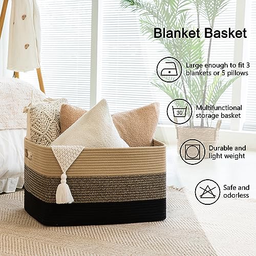 OIAHOMY Large Cotton Rope Basket, Rectangle Woven Baskets for Storage, Nursery Blanket Basket Living Room, Toy Basket with Handle, Large Baskets for Organizing-22βx17βx12β-Yellow Black
