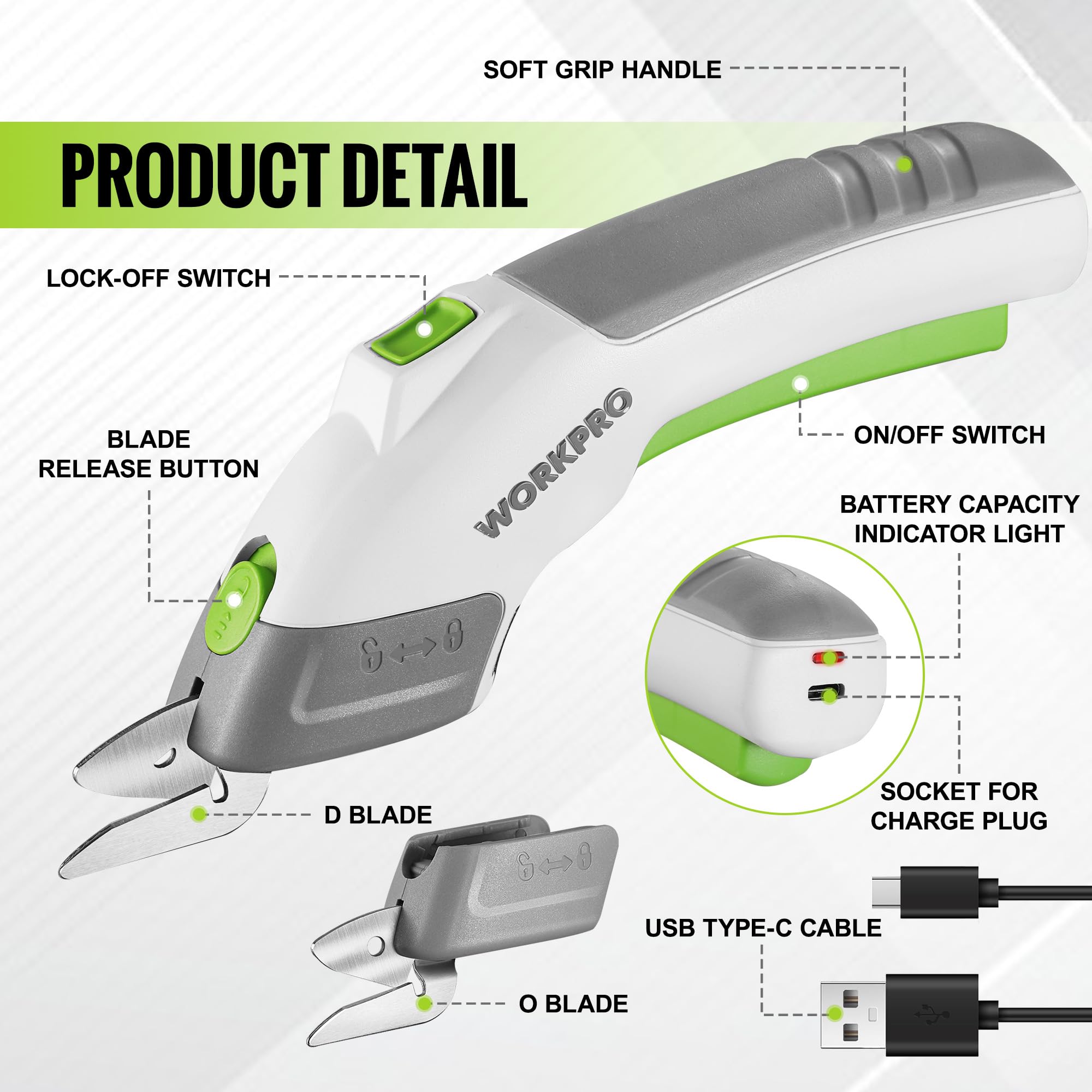 WORKPRO Cordless Electric Scissors with 2 Blades, 4V Rechargeable Powerful Shears Cutting Tool for Fabric, Leather, Carpet, Cardboard, Electric Cardboard Box Cutter with Storage Case