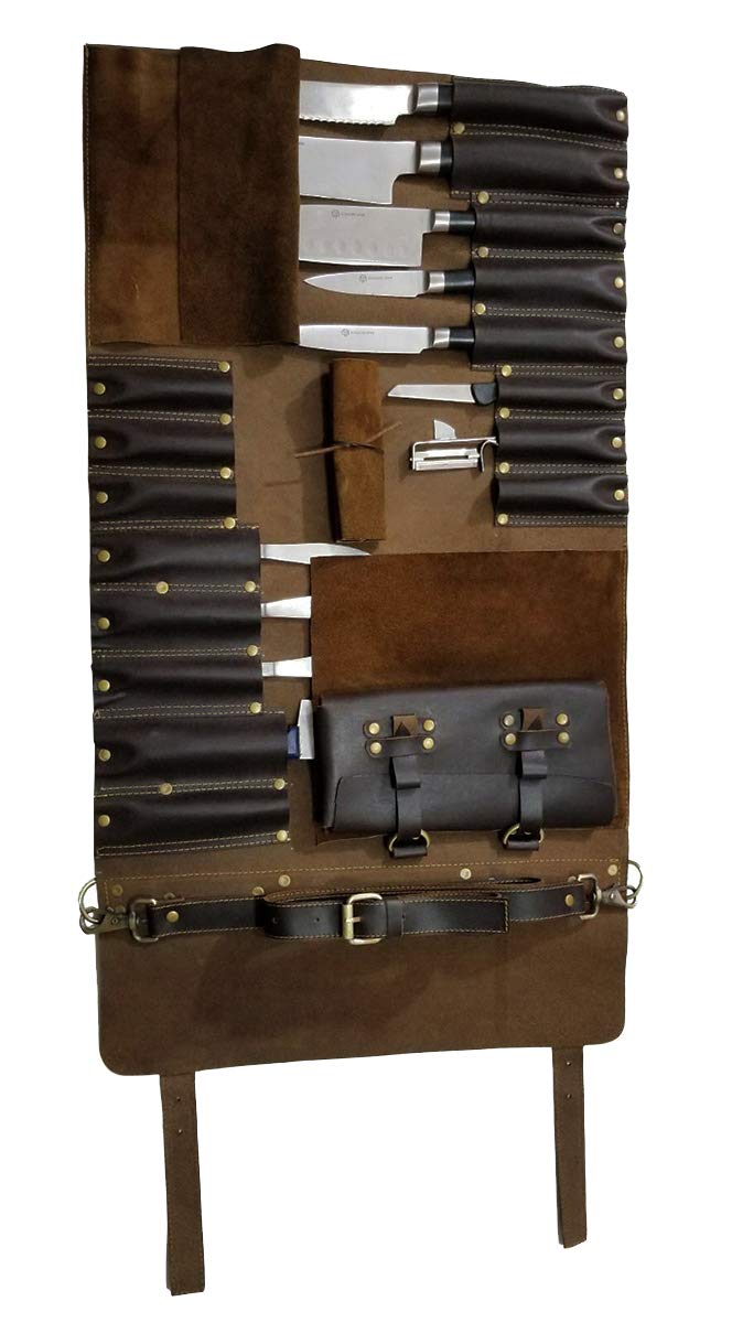 PROFESSIONAL CHEF Lightweight Genuine Premium Dark Brown Leather Large Chef Knife Bag/Knife Roll 16 Slots Space #K015