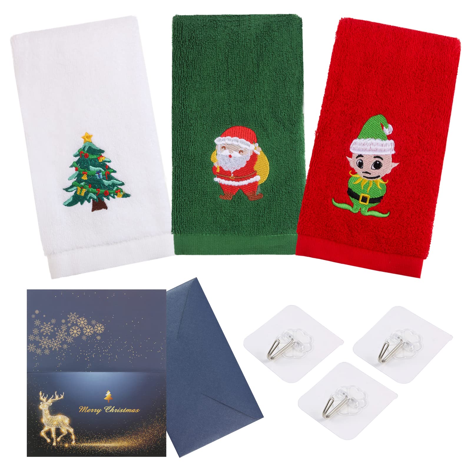 Ruiyun Christmas Kitchen Hand Towels with Christmas Card and Wall Hooks, 3 Pack 1OO% Cotton Super Soft, Absorbent, Drying, Cleaning for Kitchen, Dish, Bathroom, Embroidered Xmas Decoration Party