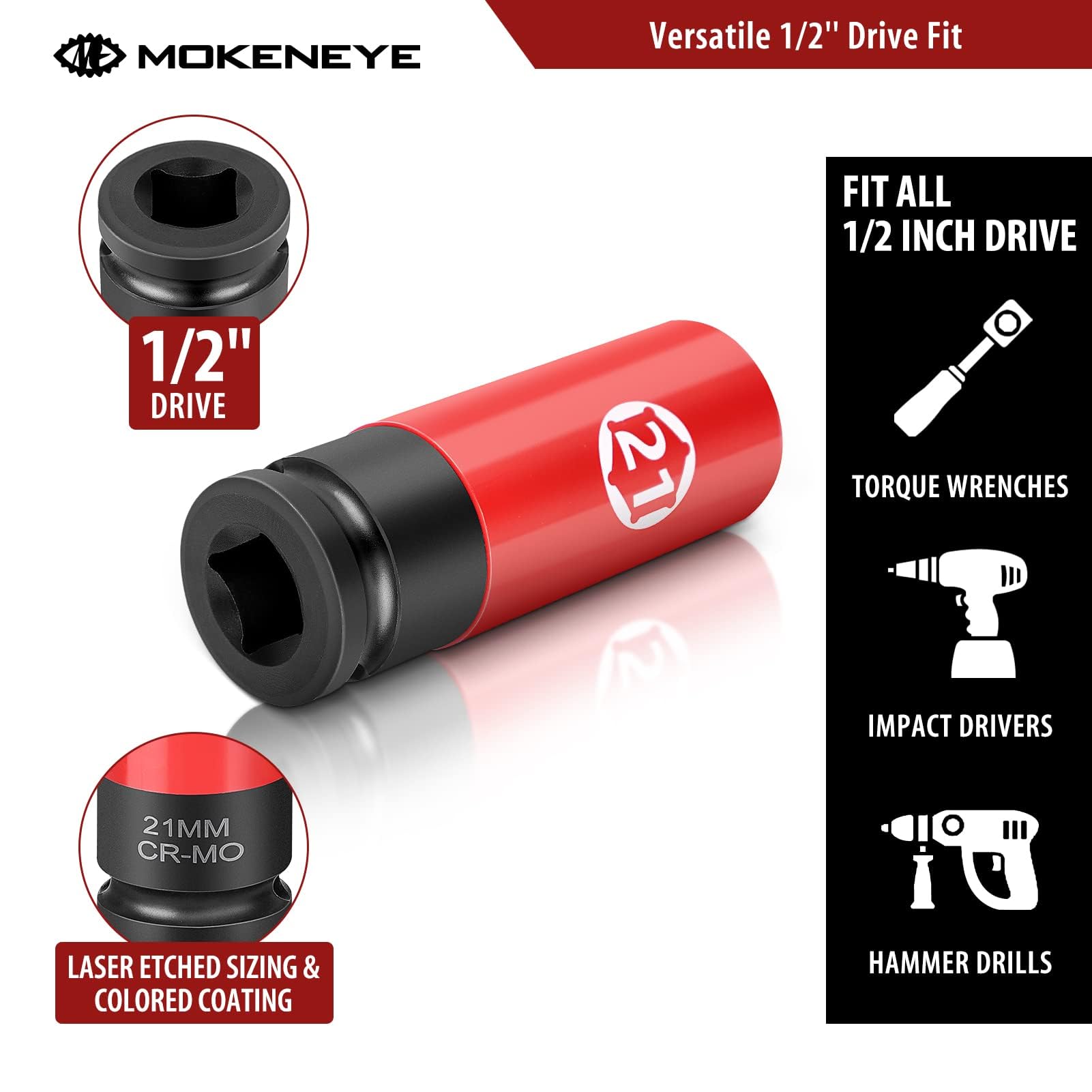 M MOKENEYE Robust 1/2" 5-Piece Impact Socket Set | Quick ID | Lug Nut Protector | CR-MO | 15-22mm Metric | Anti-Rust | Deep Features | For Impact Wrenches