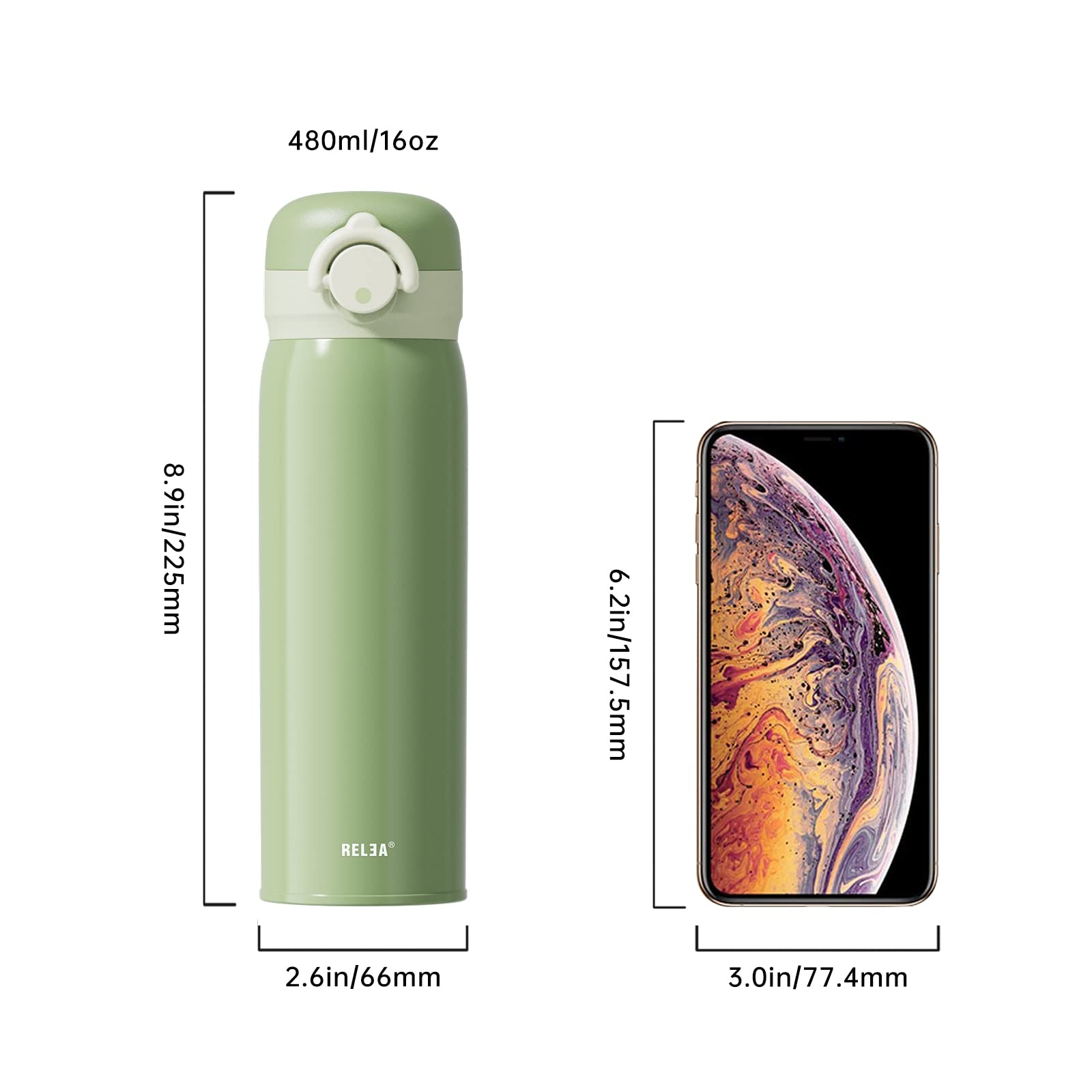 RELEA Kids 16 Oz Insulated Thermos Double Wall Water Bottle, Leak-Proof Sports Flask, Smart Water Bottles, Green
