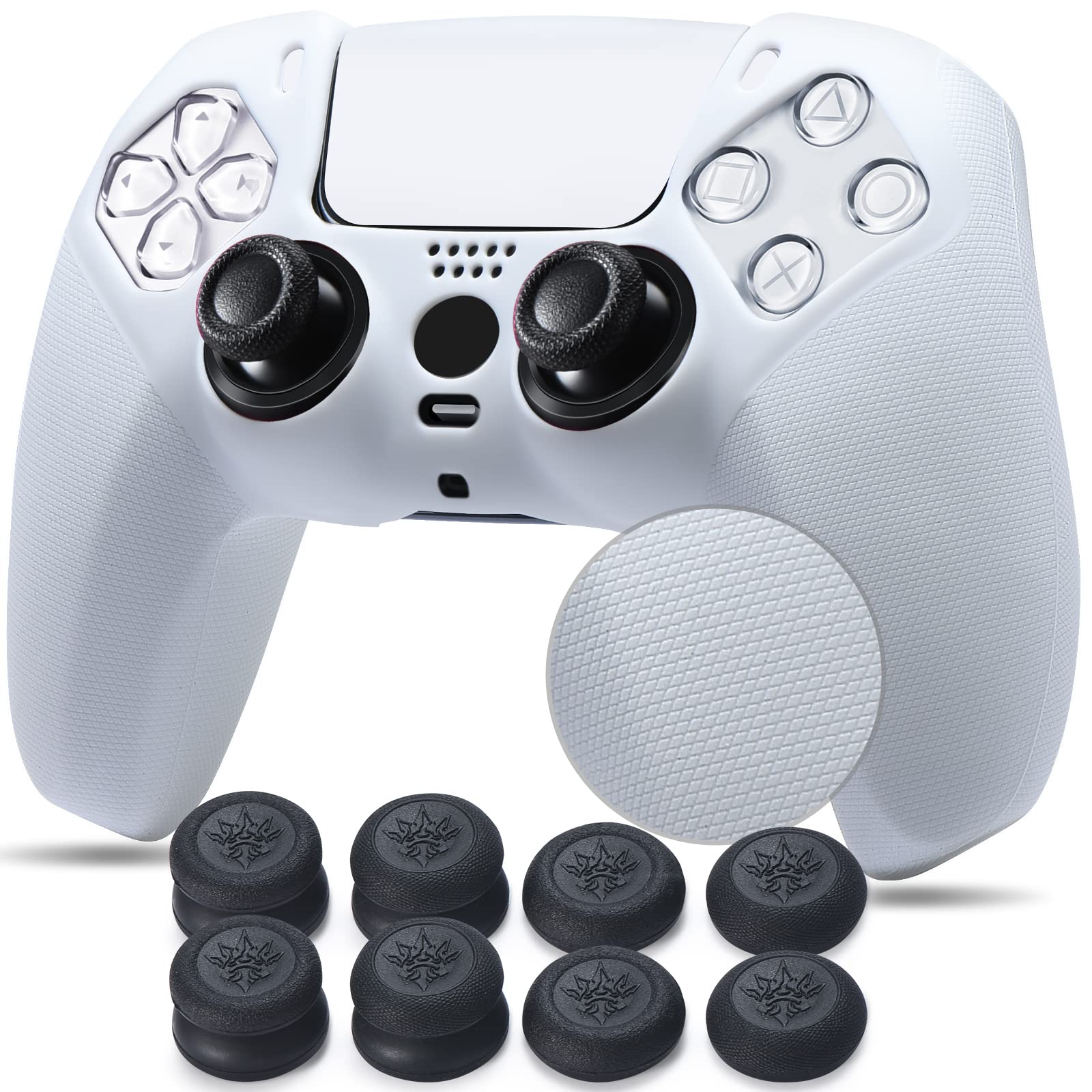 Pandaren Grip Texture Silicone Skin for PS5 Dualsense Controller x 1 white with Pro Thumb Grips x 8
