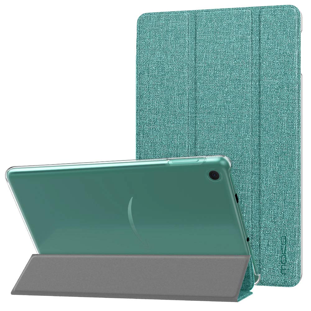 MoKo Case Fits Kindle Fire 7 Tablet (9th Generation, 2019 Release), PU Leather Trifold Stand Cover Frosted Clear Backshell with Auto Wake/Sleep - Denim Green