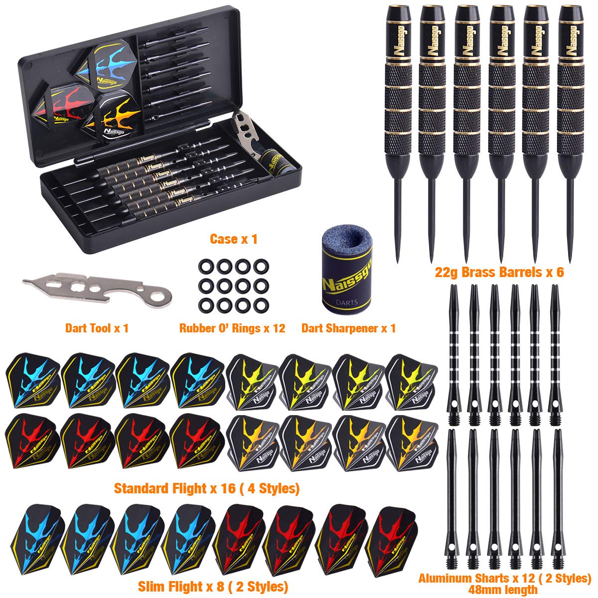 Naissgo Steel Tips Darts Set - Professional Darts Steel Tip with Brass Barrels and Extra Aluminum Shafts, O-Rings, Flights + Dart Tool and Sharpener + Gift Case (Plastic Black Box 22g)