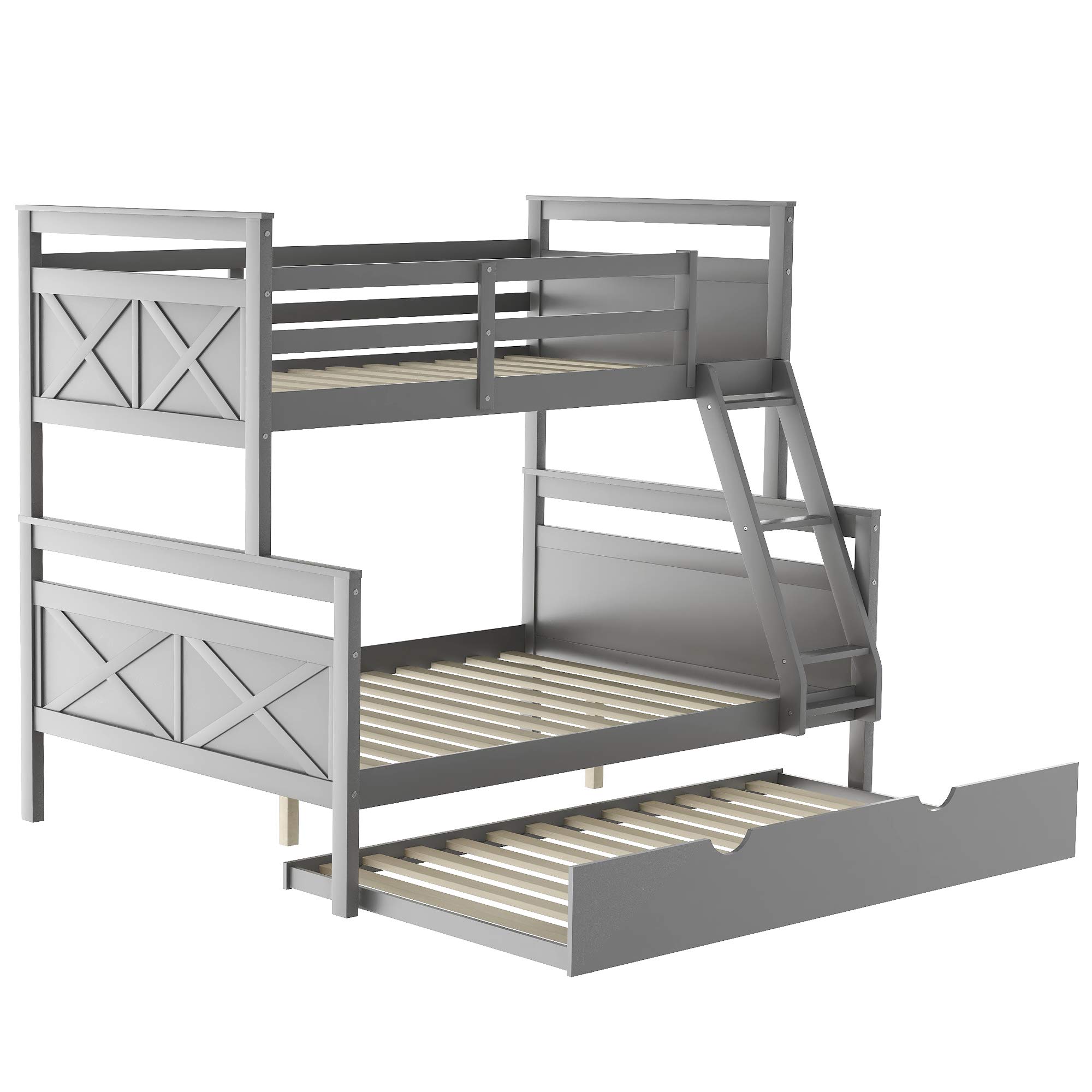 Merax Twin over Full Wood Bunk Bed with Trundle and Safety Guardrail for Teens, Guests,No Box Spring Needed, Gray