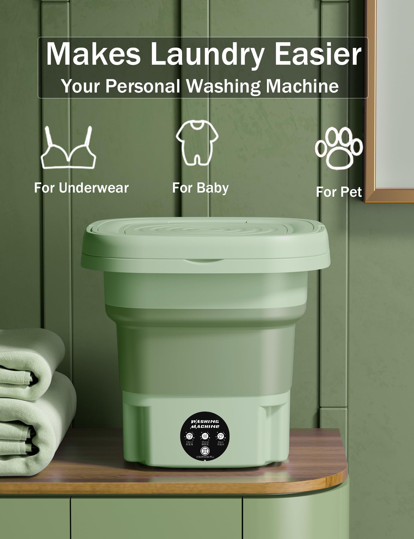 Oivley Mini Washing Machine Foldable, Mini Washer with Drain Basket Portable Washing Machine Foldable for Apartments, Laundry, Travel, Camping, RV or Underwear, Baby Clothes, Small Items-Green