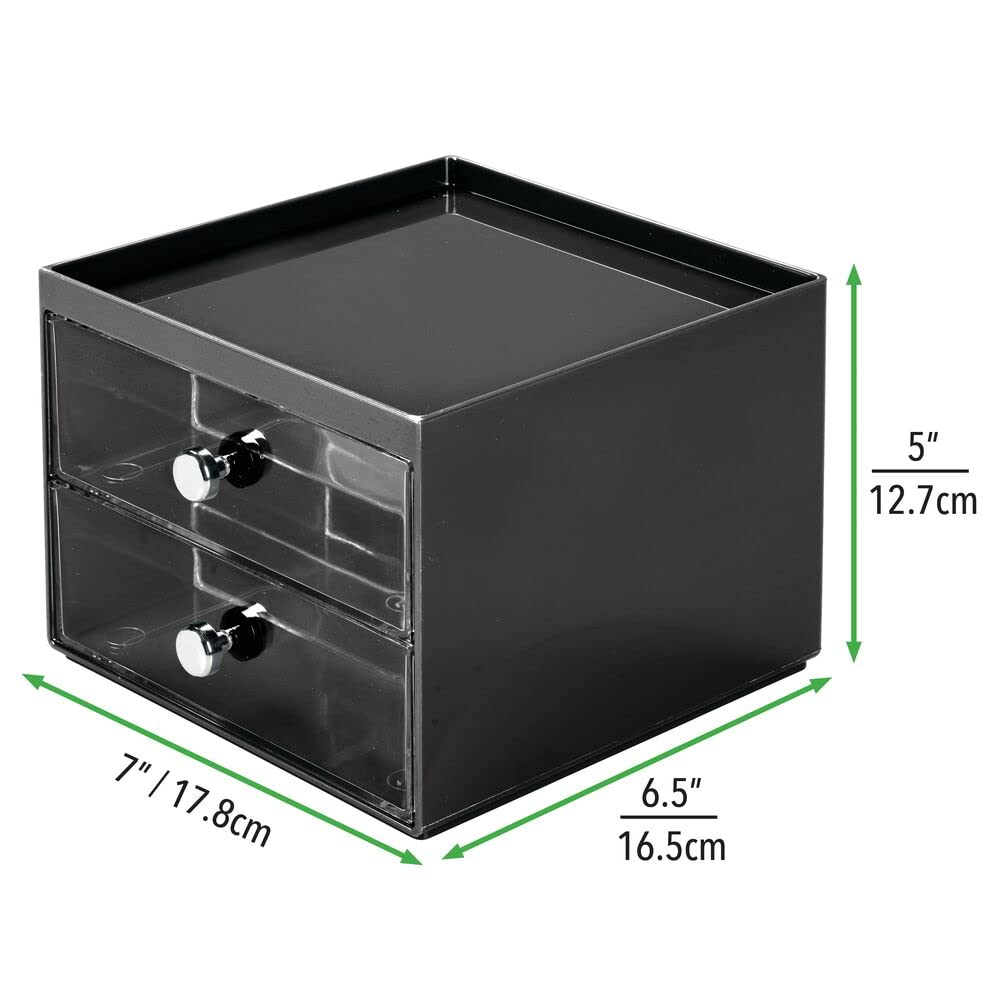 mDesign Stackable Plastic Eye Glass Storage Organizer Box Holder for Sunglasses, Reading Glasses, Lens Cleaning Cloths, and Accessories - 2 Divided Drawers, Chrome Pulls - Black/Clear