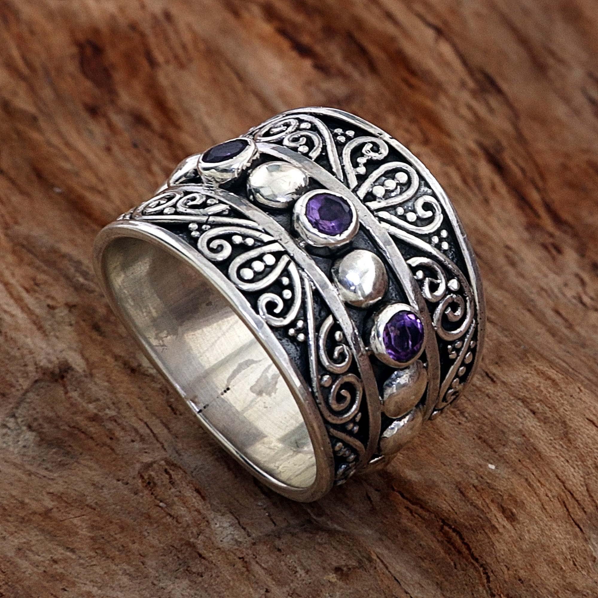 NOVICA Artisan Handmade Amethyst Band Ring .925 Sterling Silver Indonesia Birthstone Gemstone 'Lucky Trio'