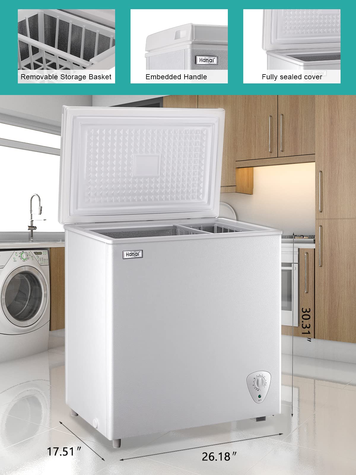WANAI 5.0 Cu.Ft Compact Chest Freezers with 7 Adjustable Thermostat Top Open Door Freezer Compressor Cooling with Removable Storage Basket, Energy Saving Perfect for Home Bar Dorm or Apartment, Black