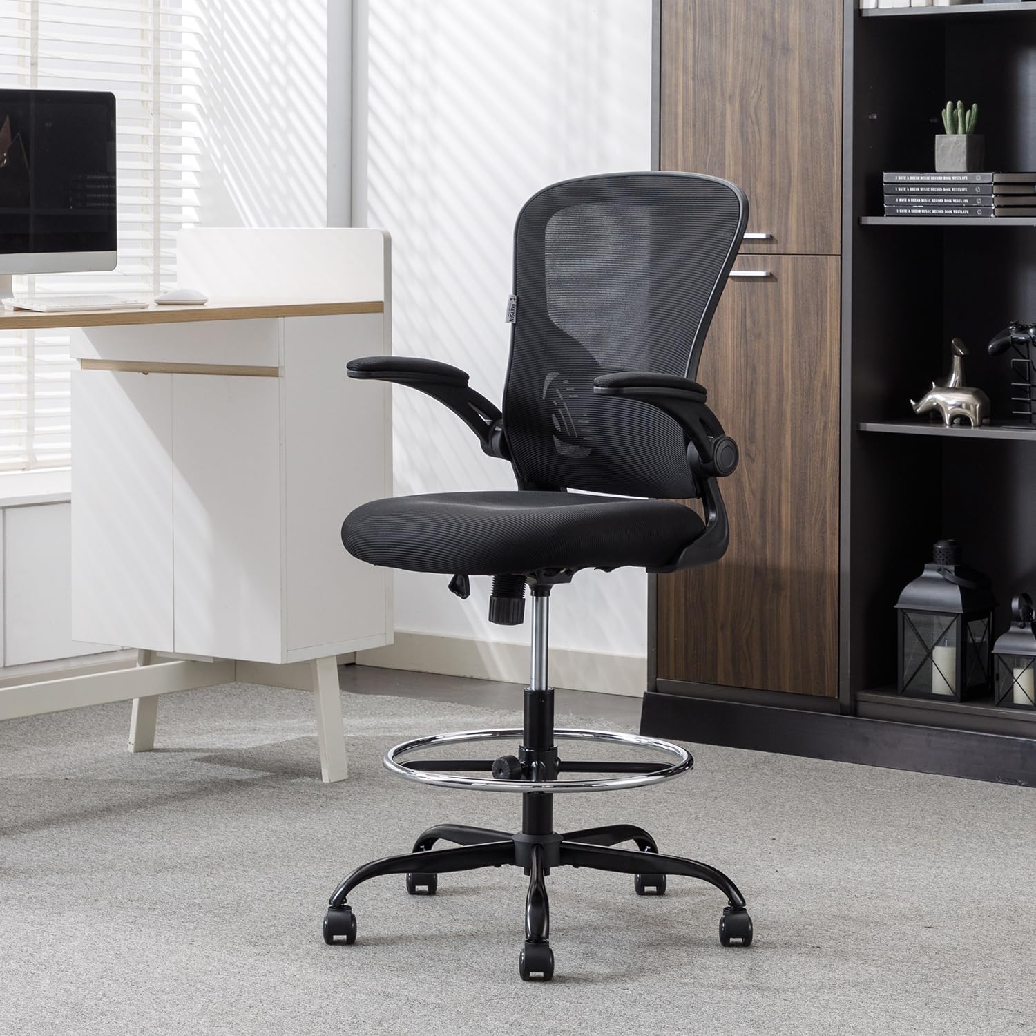 Okeysen Drafting Chair Tall Office Chair, Standing Desk Chair with 3.9’’ Thicken Cushion & Flip-Up Armrest, Drafting Stool with Adjustable Lumbar Support & Footrest Ring.