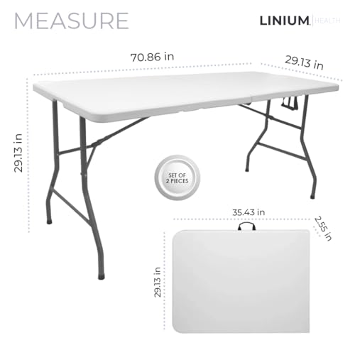 LINIUM 2-Pack Folding Table Portable Plastic Indoor Outdoor 70 inches (6ft) White for Garden Party Picnic Dining Camp Tables High Density