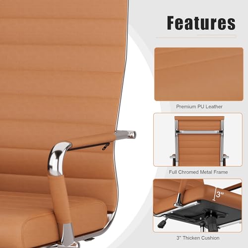Okeysen Office Desk Chair, Ergonomic Leather Modern Conference Room Chairs, Executive Ribbed Height Adjustable Swivel Rolling Chair for Home Office. (Brown)