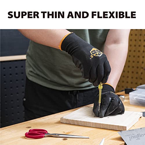 OKIAAS Work Gloves for Men,Ultra Thin and Lightweight Working Gloves with Grip, 12 Pairs Bulk Pack Construction Gloves with Polyurethane Coating, Safety Gloves for Light Duty Work (Black, Large)