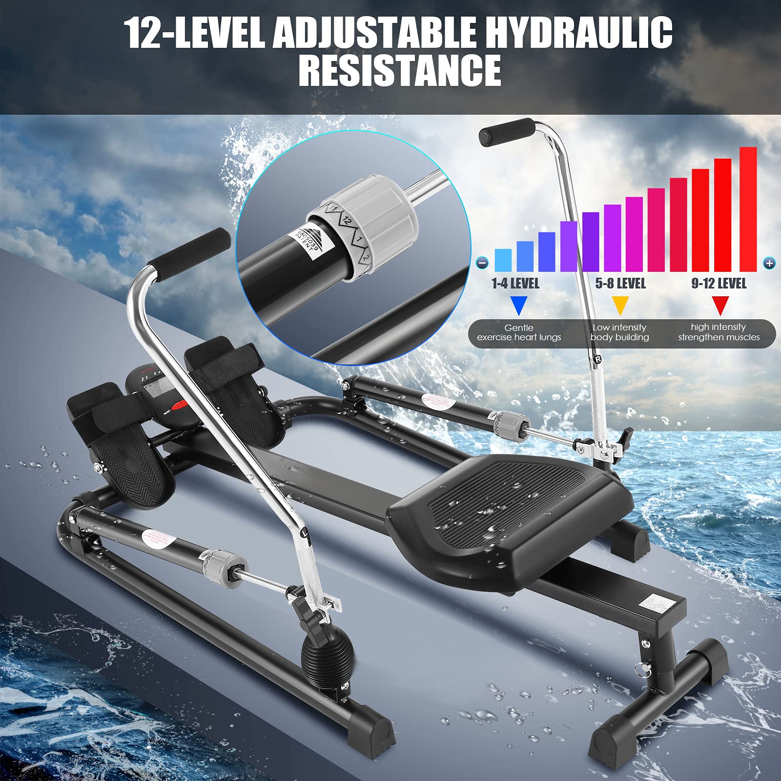 Rowing Machines for Home Use, ANCHEER 12 Levels Adjustable Resistance Hydraulic Rower, Full Motion Indoor Rowing Machine with 220 lbs Weight Capacity, LCD Monitor for Cardio Exercise Workout