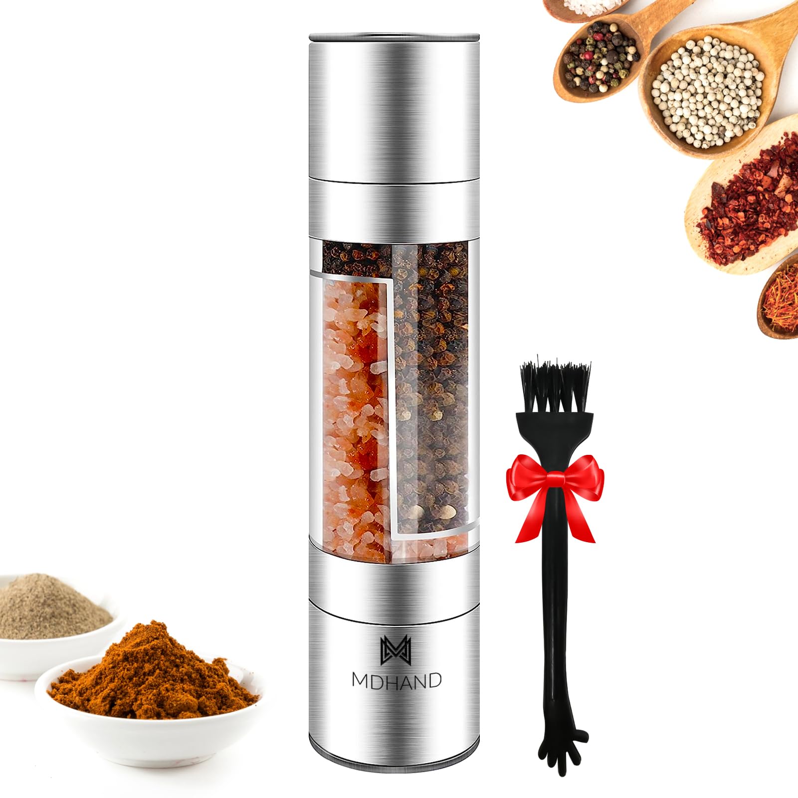 MDHAND Manual Salt and Pepper Grinder Set, 2 IN 1 Pepper Grinder & Salt Grinder with Adjustable Coarseness, Pepper Mill Shaker Salt and Pepper Grinder For Kitchen
