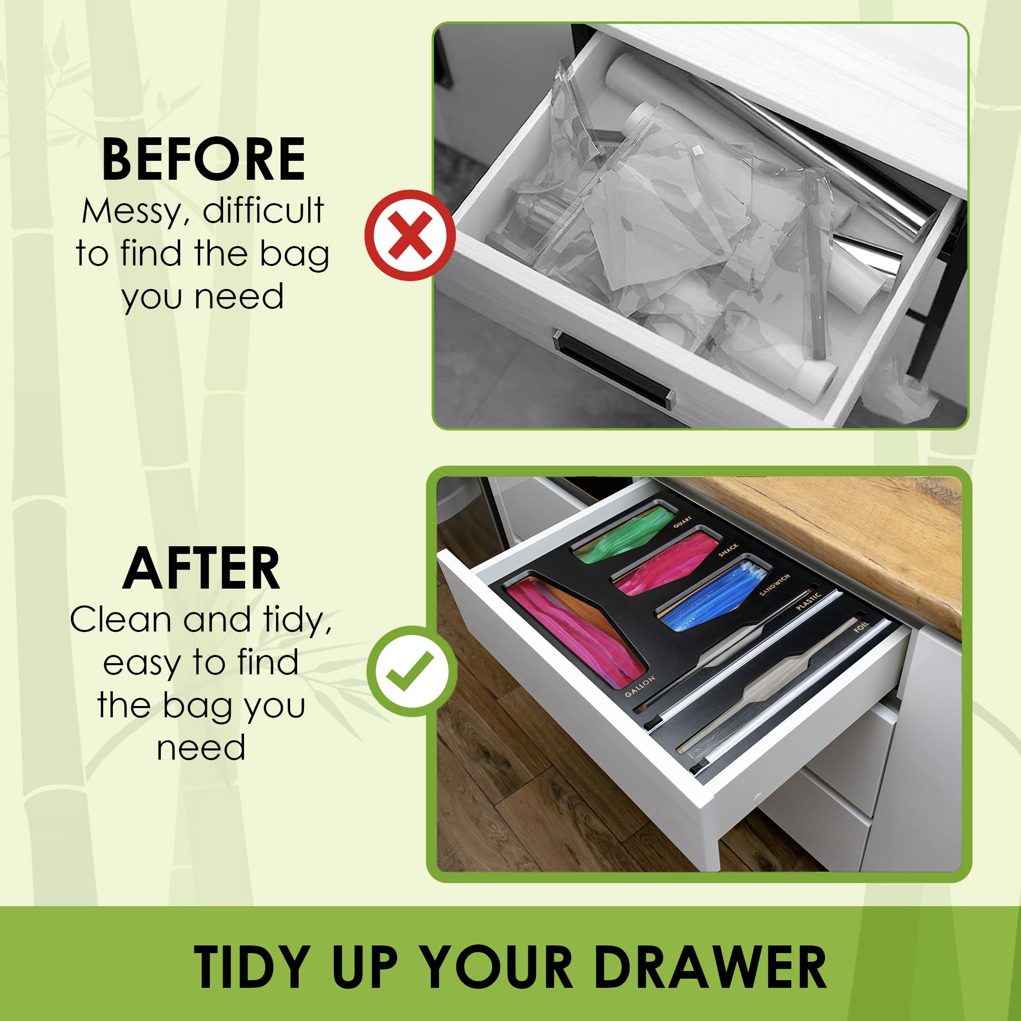 ORGANYZA Ziplock Bag Organizer and Plastic Wrap Dispenser with Cutter-100% Bamboo storage bag organizer 6 In 1 with aluminum foil dispenser, includes 4 Plastic bag dispenser, 2 kitchen wrap organizer.
