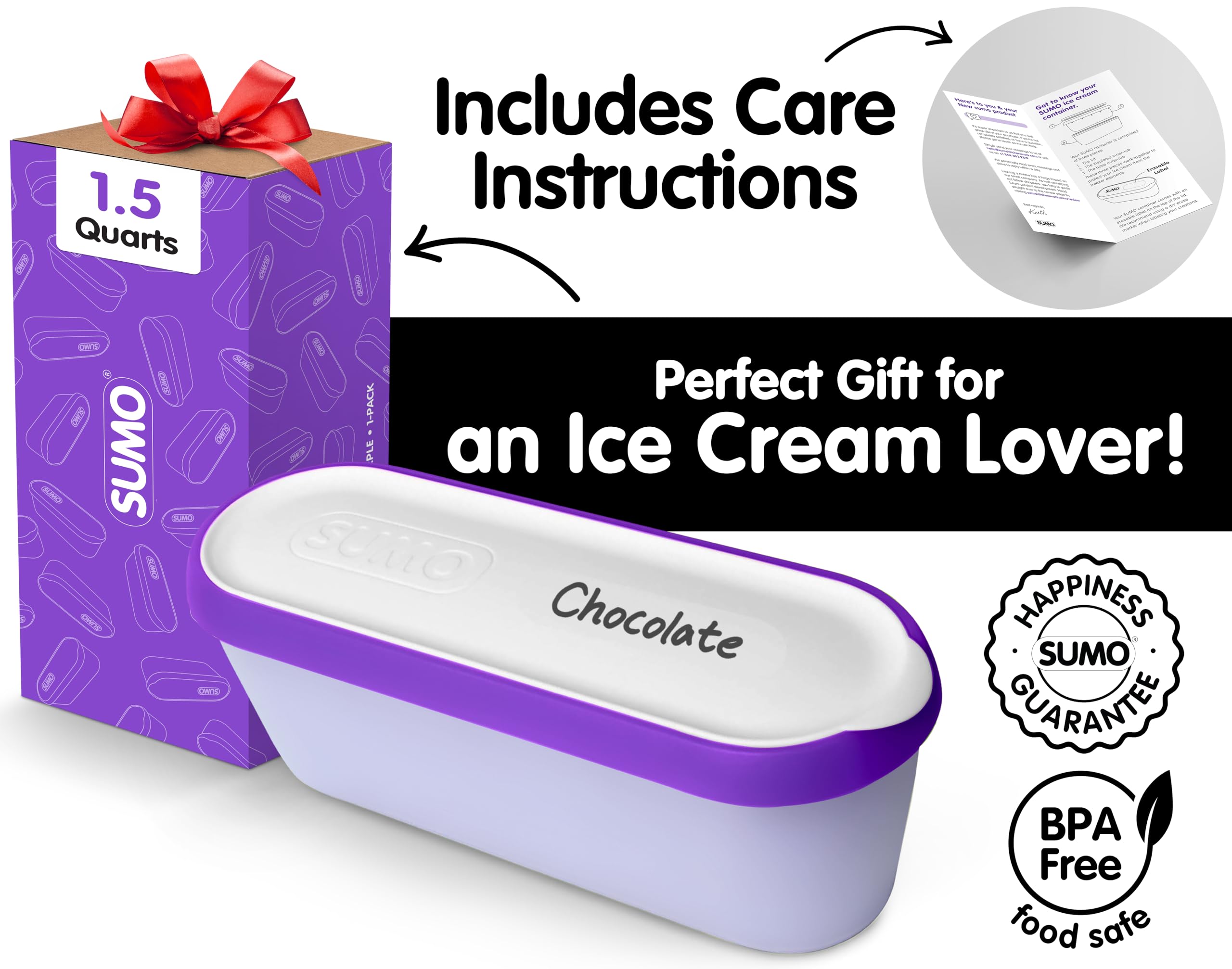 SUMO Ice Cream Containers with Lids for Homemade Ice Cream - 1.5 Quart per Container, Reusable Ice Cream Containers for Freezer Storage, Set of 2 Tubs, Purple