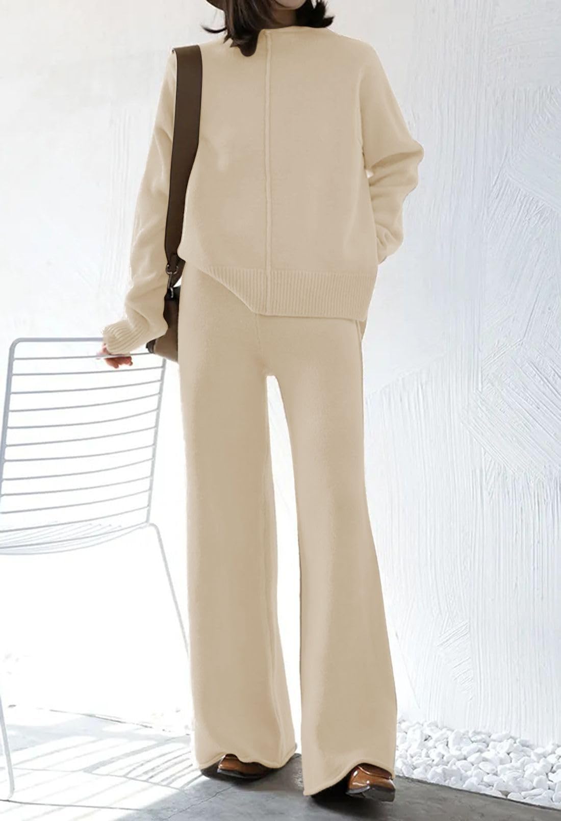 Linsery Womens Tracksuits Winter Casual Two Piece Set Women Knitted Loose Sweater Pullover Top Wide Leg Pants Suit Outfit Apricot Medium
