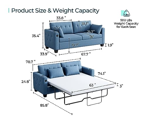 LINSY HOME Pull Out Sofa Bed, Queen Sleeper Sofa Couch with Memory Foam Mattress and Solid Wood Bed Frame, Covers Removable and Washable, Pullout Couch for Home Office, Blue, Queen Size