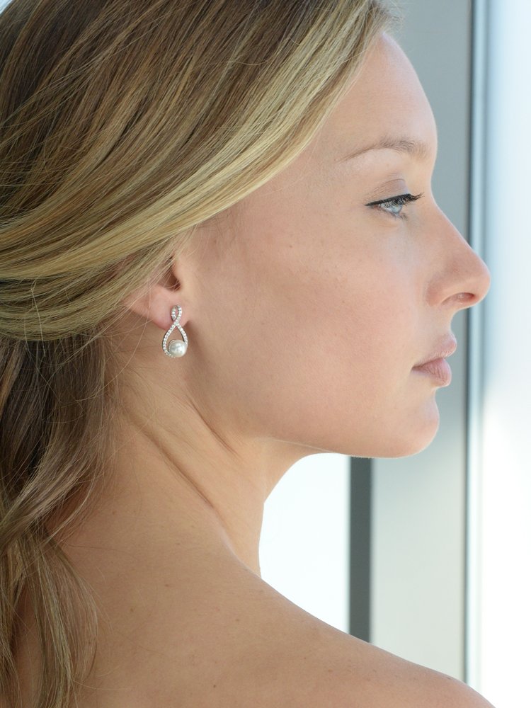 Mariell Pearl Drop Earrings with Cubic Zirconia Crystals For Brides, Weddings, Mother's Day Jewelry Gift