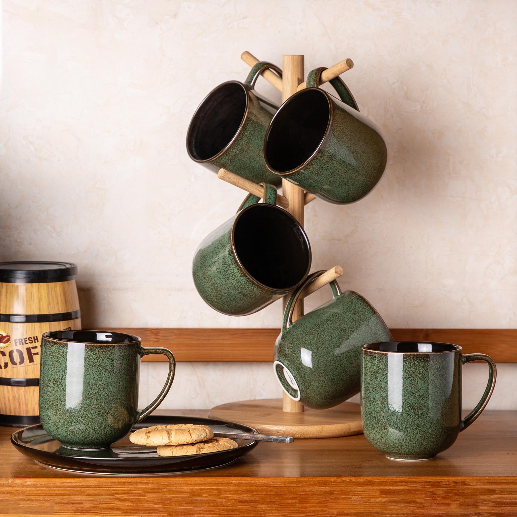 LERATIO 12OZ Ceramic Coffee Mugs Set of 6, Large Porcelain Coffee Cups With Large Handle For Latte,Cappuccino,Milk,Cocoa,|Dishwasher&Microwave Safe Mug Sets,Ideal for Man,Woman,Dad, Mom-Green