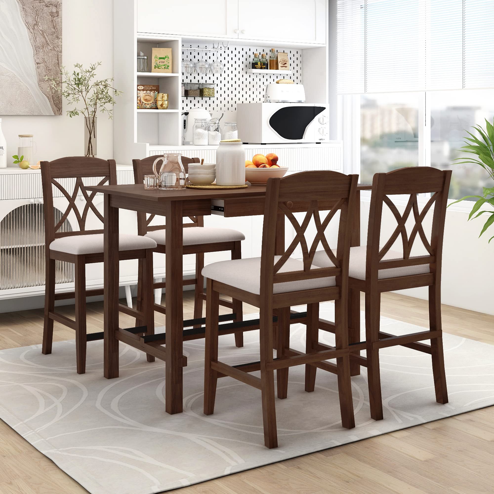 LCH Dining Table Set for 4, Casual Counter Height Wood 5-Piece Upholstered Chairs and 1 Storage Drawer, Walnut+Beige