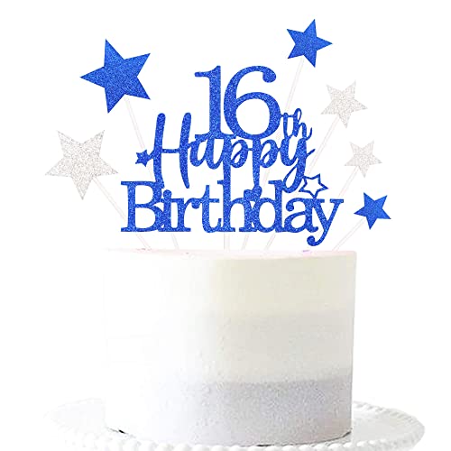 Pargleev Glittery 16th Cake Topper with Star Boys and Girls 16th Birthday Party Supplies, Sixteen Years Old Birthday Party Decorations Royal Blue