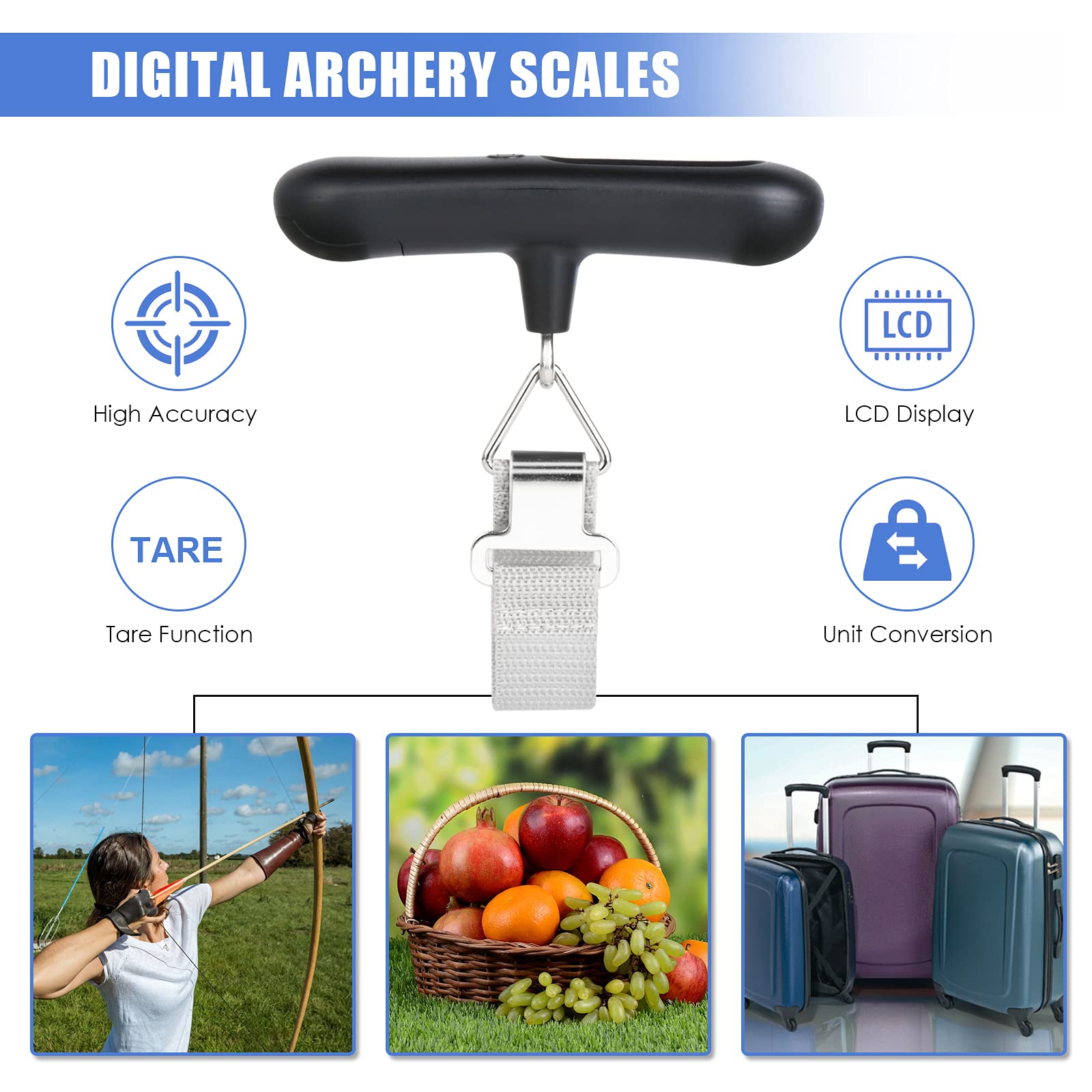 New 110 lbs Archery Bow Scale Compound Recurve Bow Weight Draw Scale Peak Hold Weight Scale Portable Bow Poundage Scale Hunting Scale Luggage Scale with LCD Display (Black with Hook and Lanyard)