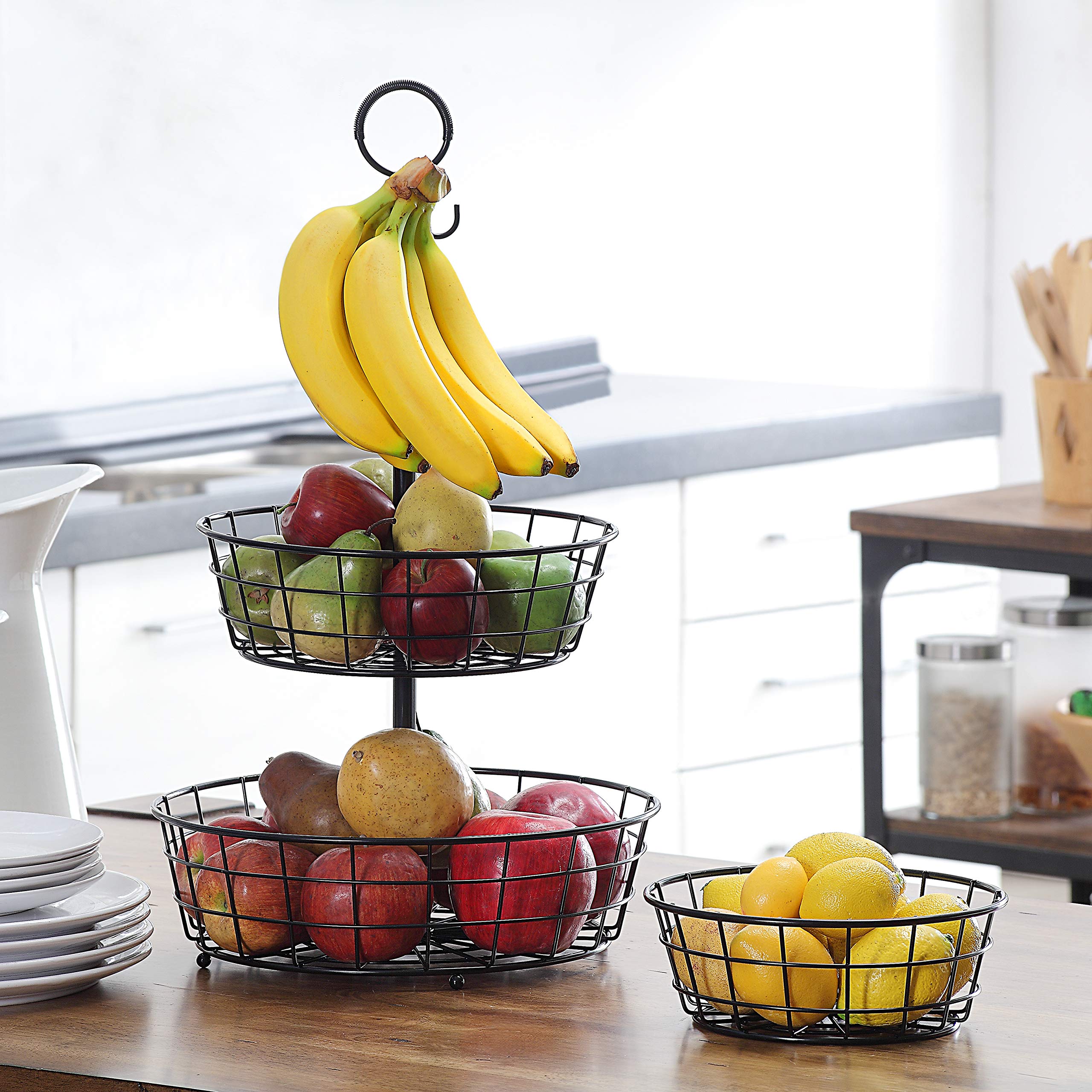 SunnyPoint Countertop French Country 3 Tier Wire Basket Stand For Storing & Organizing, Eggs, And More (3 Tier, Black)